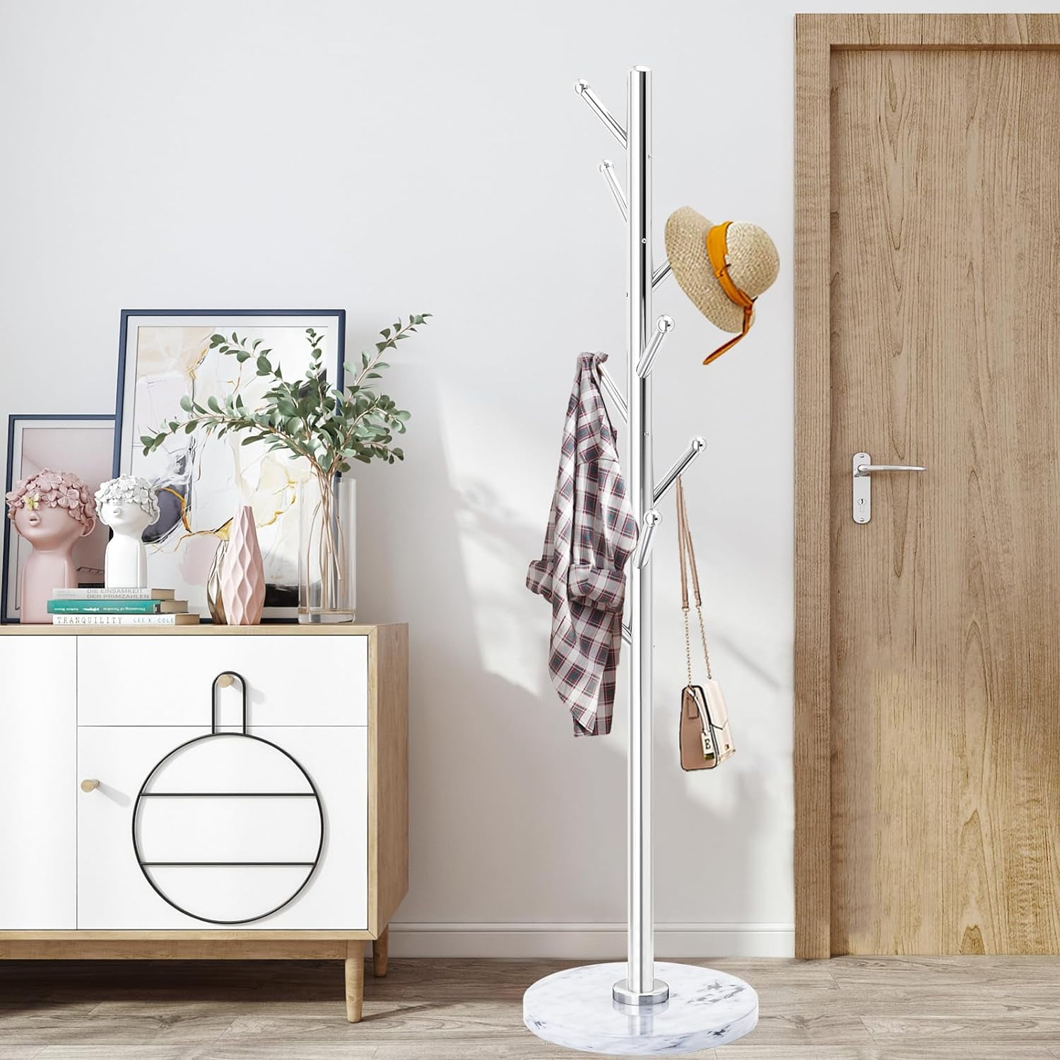 Coat Rack Stand with Natural Marble Base, Solid 201 Stainless Steel ...