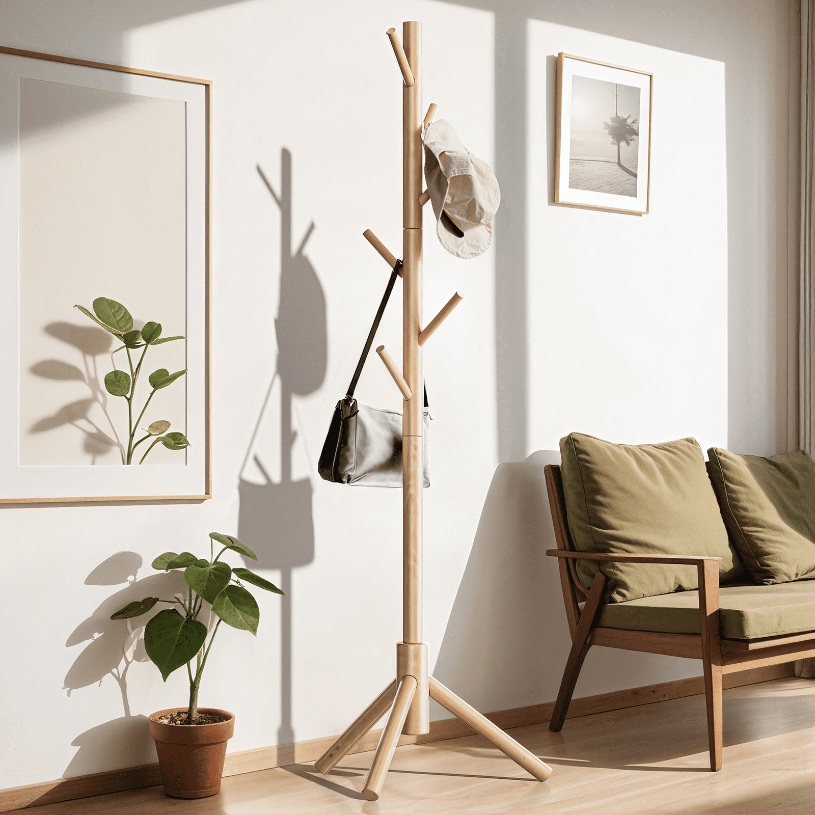 Solid Wood Coat Rack Stand for Living Room, Office, Entryway with 3 ...
