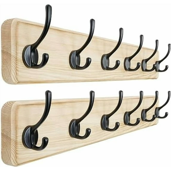 Coat Rack Wall: 24" Long, Patented, Heavy-Duty, 6-Double-Hooks Wooden ...