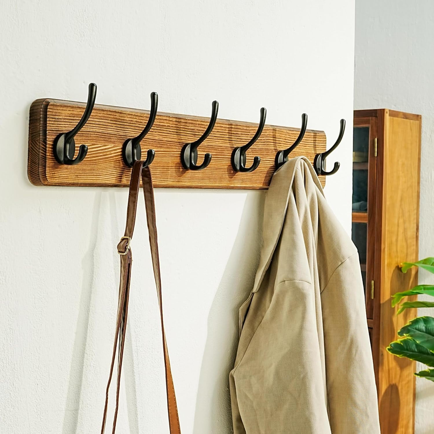 Coat Rack Wall: 24" Long, Patented, Heavy-Duty, 6-Double-Hooks Wooden ...