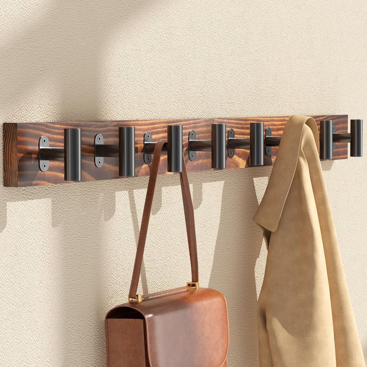 Coat Rack Wall Mount, 2 Pack Rustic Coat Hanger with 8 Black Metal ...