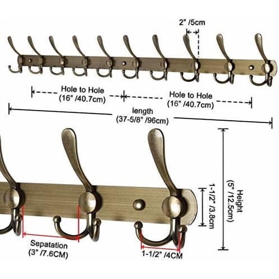Coat Rack Wall Mount - 38” Long 10-Tri-Hooks Heavy Duty Coat Hanger ...