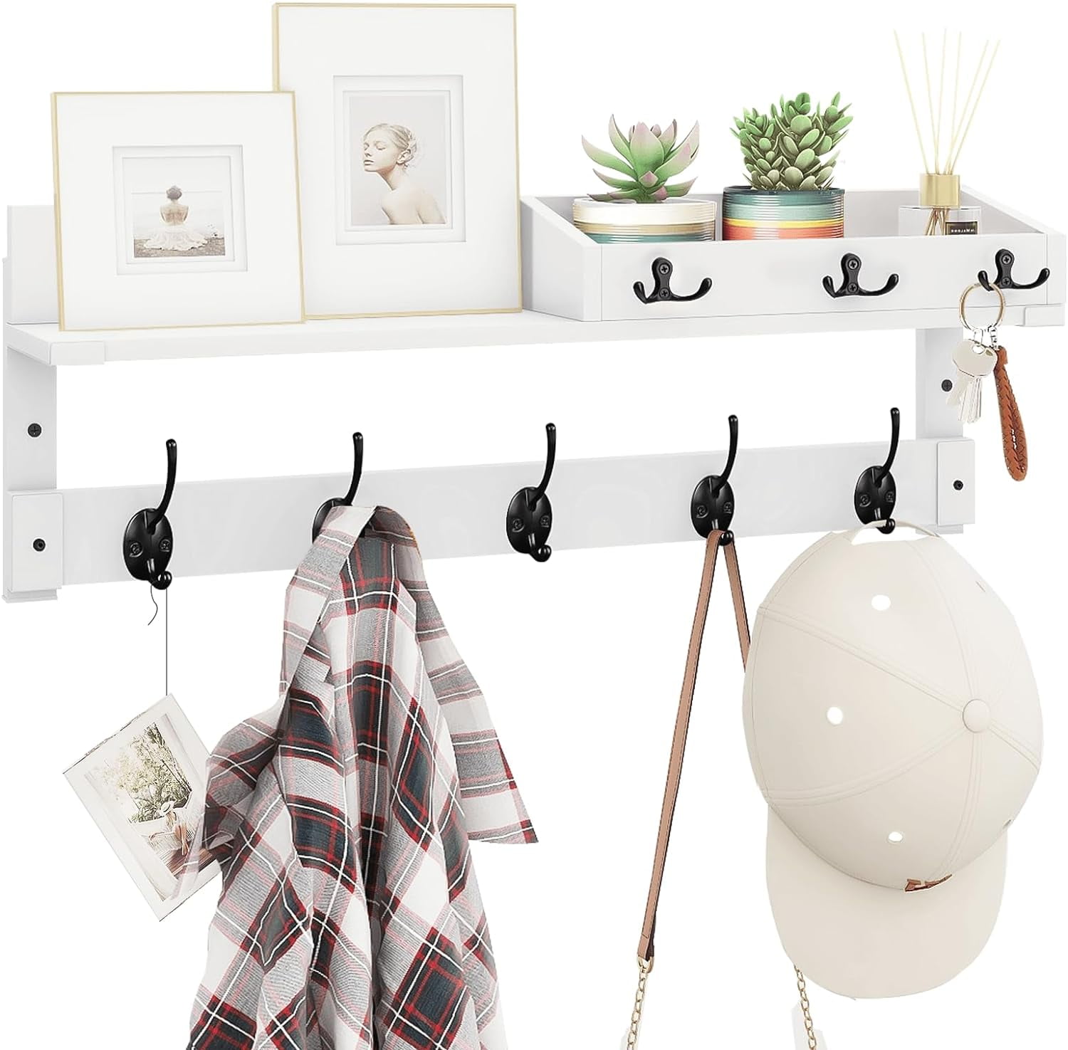 Coat Rack Wall Mount with Hooks and Mail Holder, Entryway Floating ...
