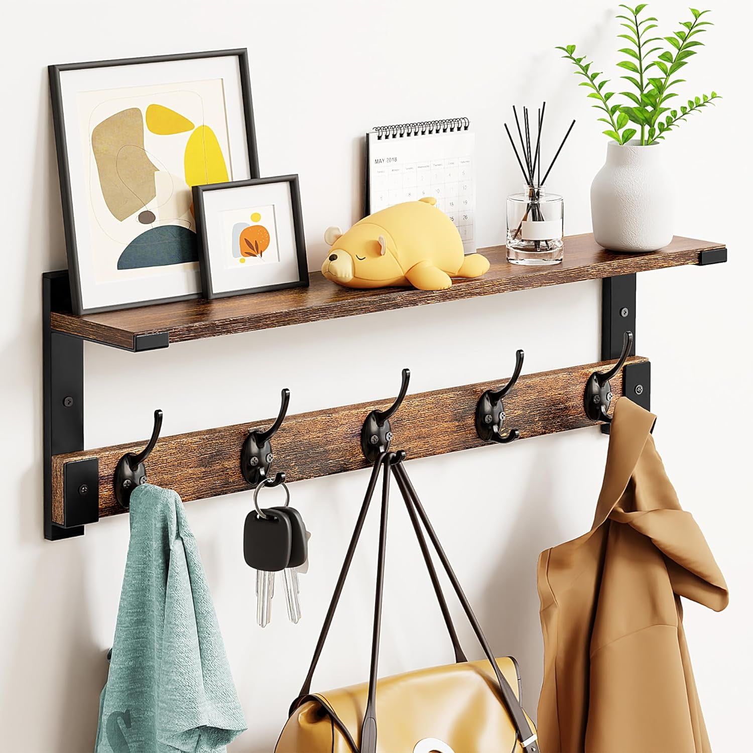 Coat Rack Wall Mount with Hooks and Shelf for Coat, Backpack, Key ...