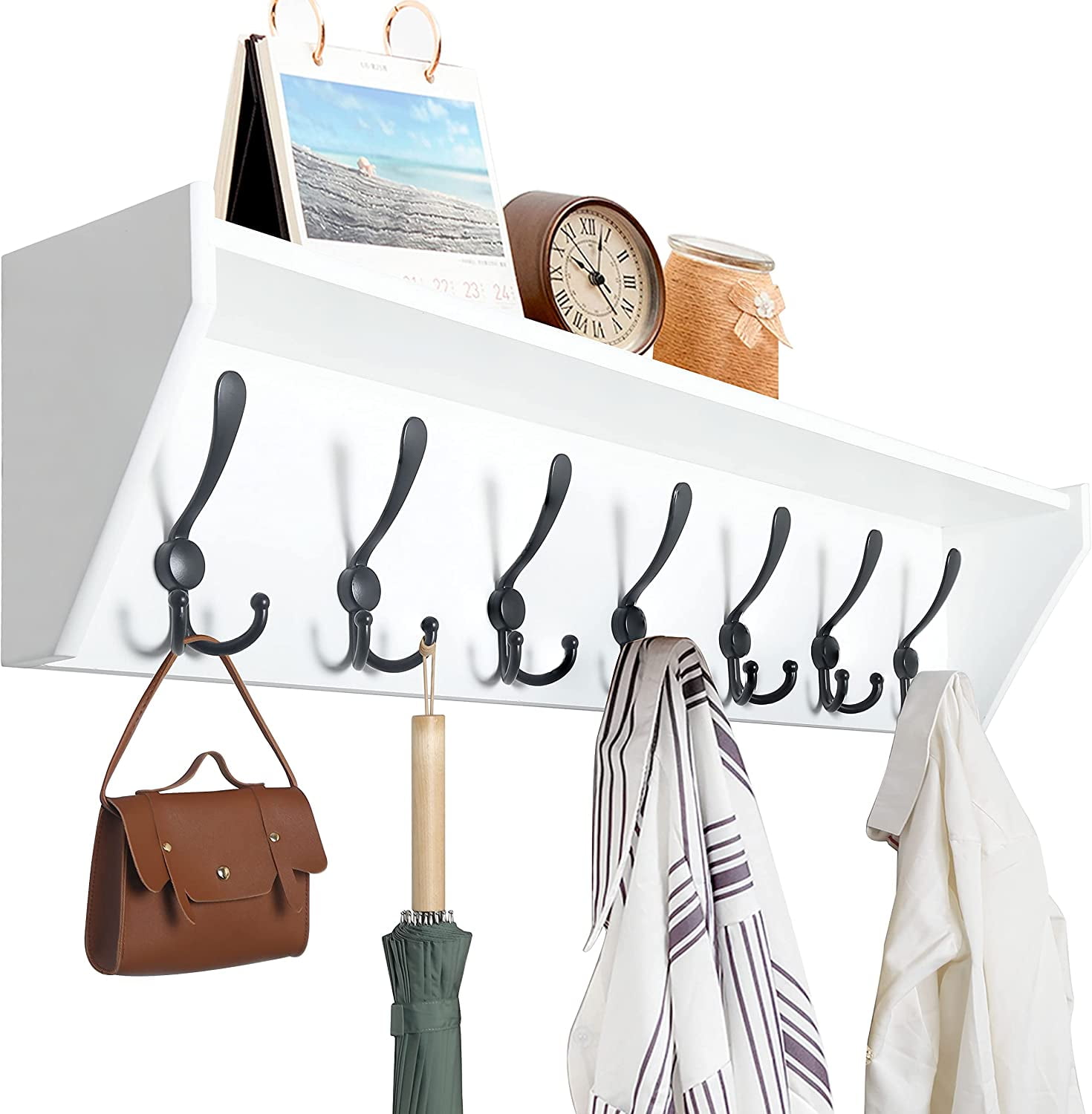 Coat Rack Wall Mount with Shelf,35" Long White Shelf with Hooks ...