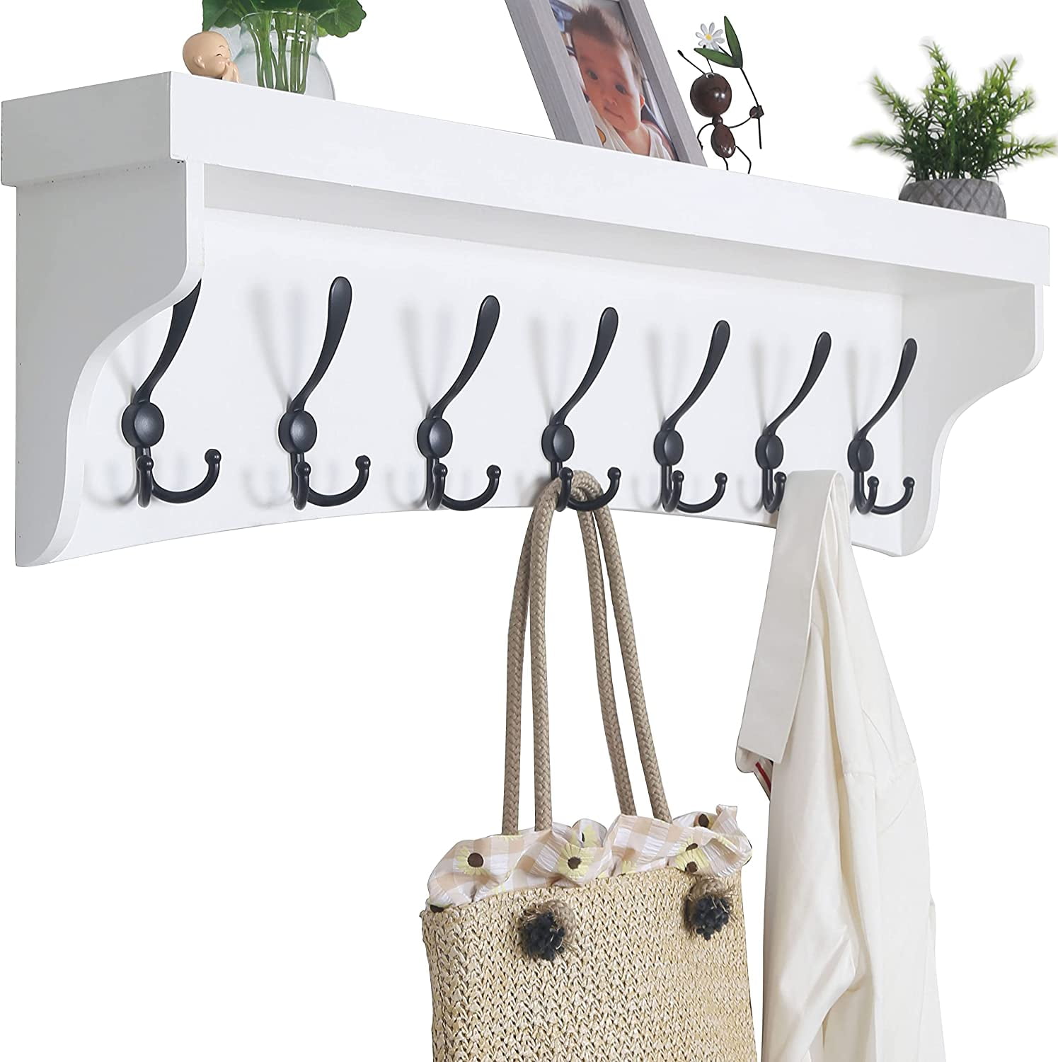 Coat Rack Wall Mount with Shelf,35" Long White Shelf with Hooks ...