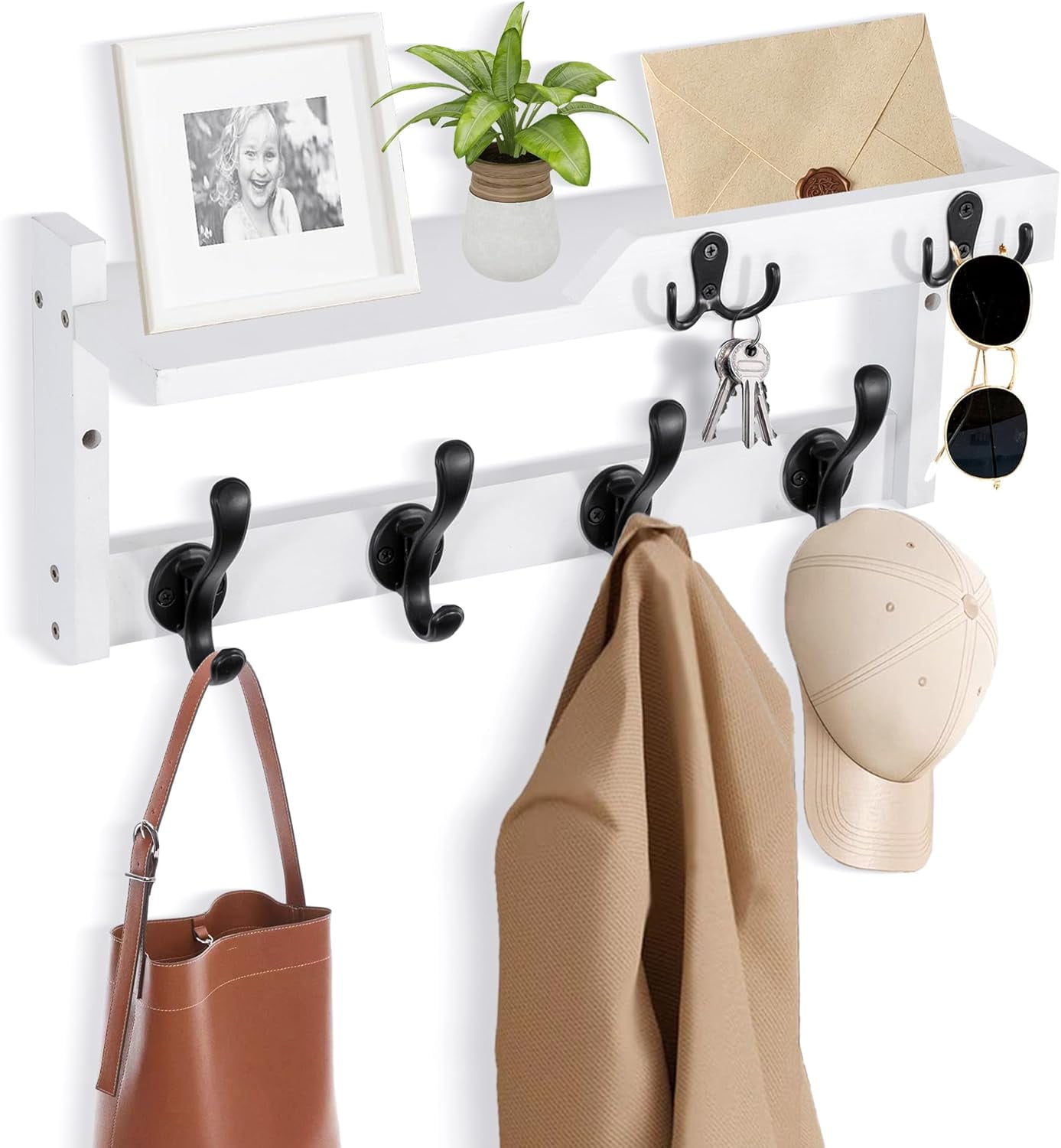 Coat Rack Wall Mount with Shelf, Coat Hanger Wall Mount with Key Hooks ...