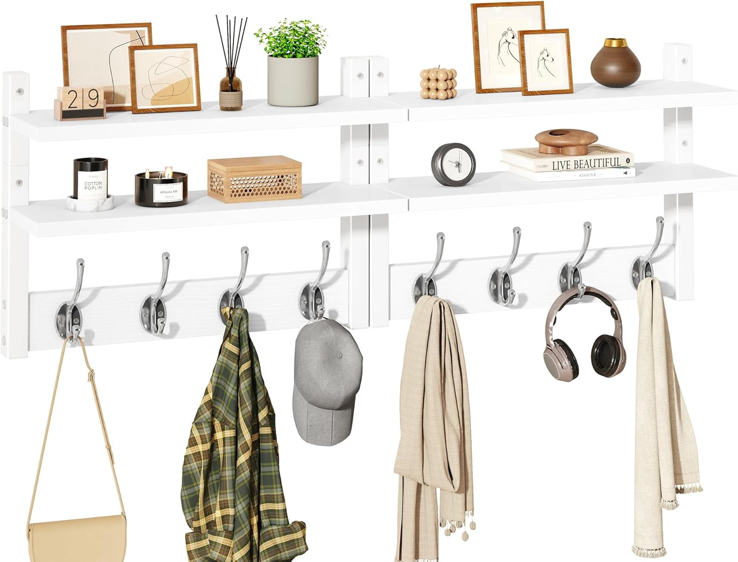 Coat Rack Wall Mount with Shelf, Two-Tier Wall Shelf Mounted with 8 ...