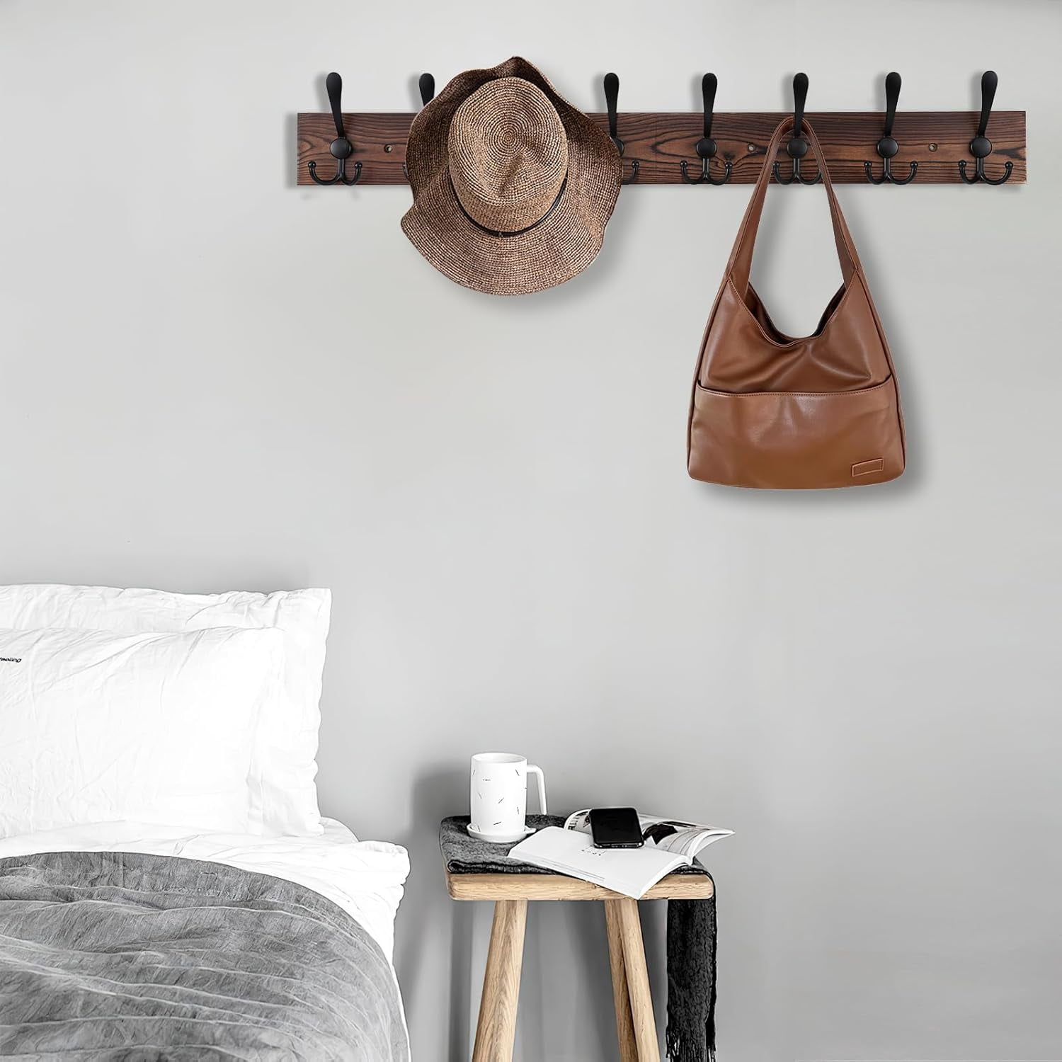 Coat Rack Wall Mount with 8 Metal Black Triple Hooks Brown Pine Wood ...