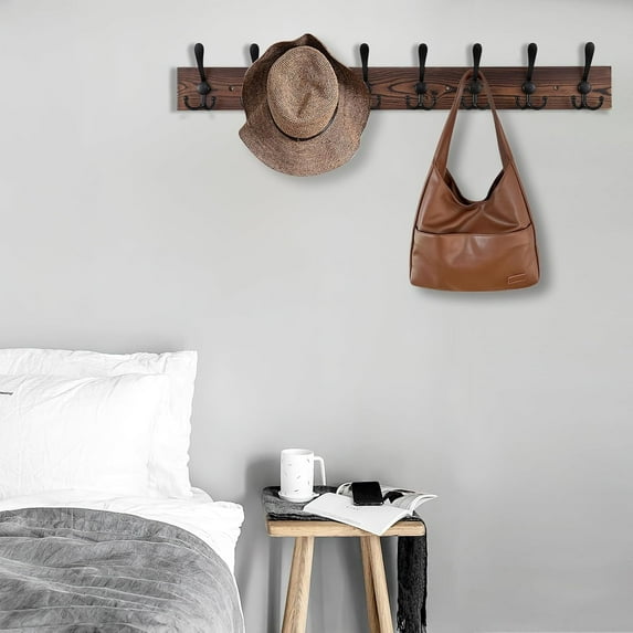 Coat Rack Wall Mount with 8 Metal Black Triple Hooks Brown Pine Wood ...