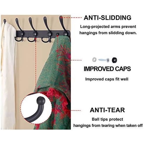 Coat Rack Wall Mounted - 5 Tri Hooks, Heavy Duty, Stainless Steel ...