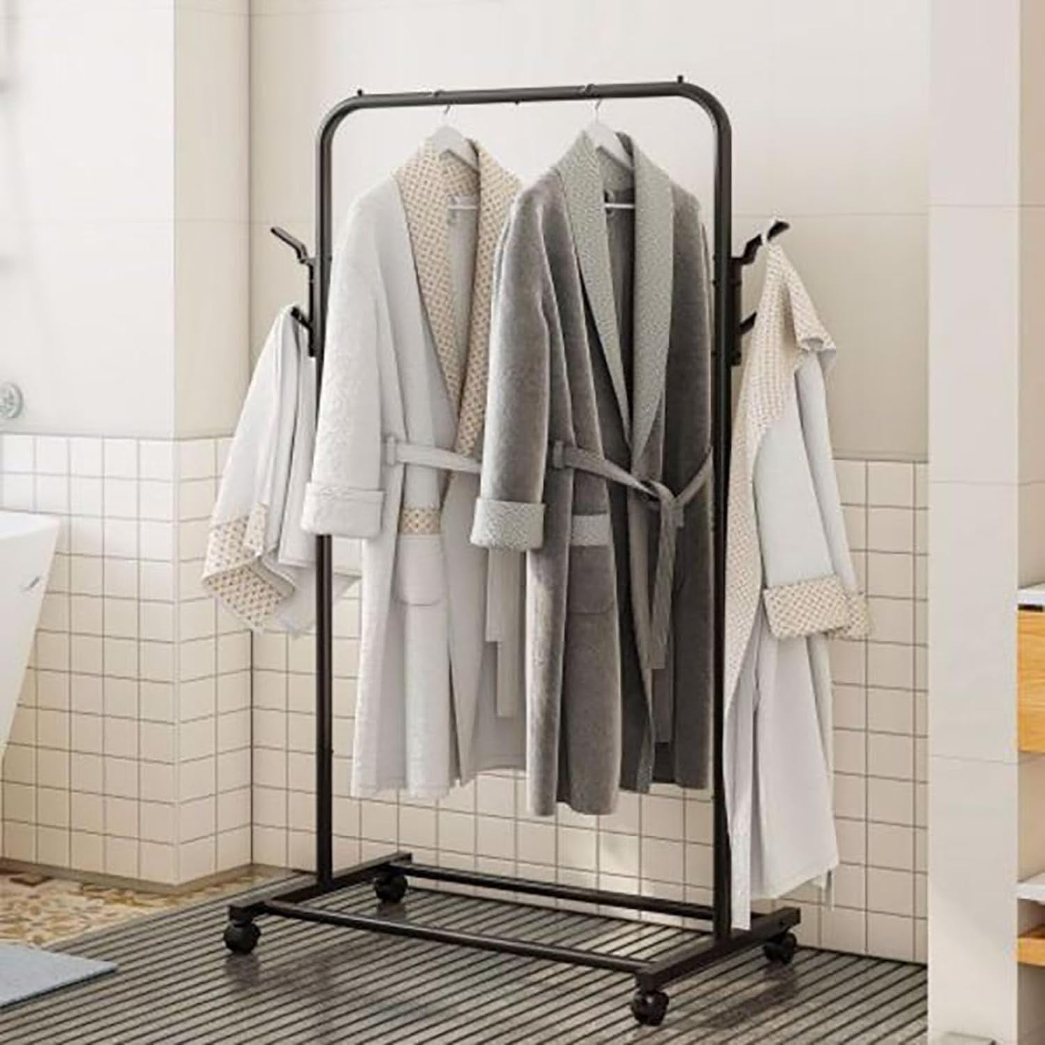 Coat Rack with Wheels and Side Hooks, Freestanding Metal Clothes Rail ...