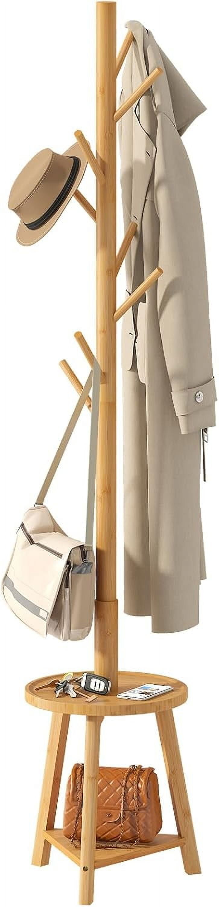 Coat Rack freestanding Stand with 2 Shelves Bamboo Wooden Coat Tree ...