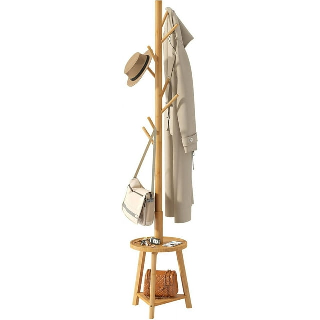 Coat Rack freestanding Stand with 2 Shelves Bamboo Wooden Coat Tree ...