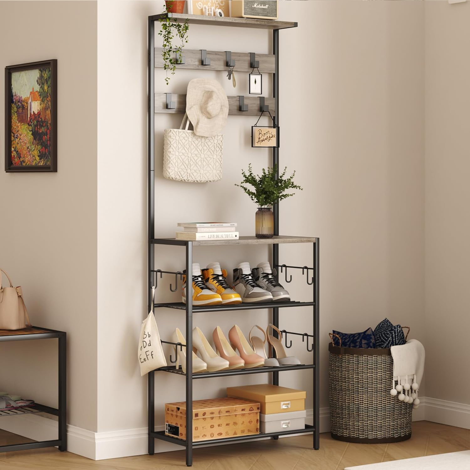 Coat Rack with Shoe Storage, 5-Tier Shoe and Coat Rack with 9 Clothes ...