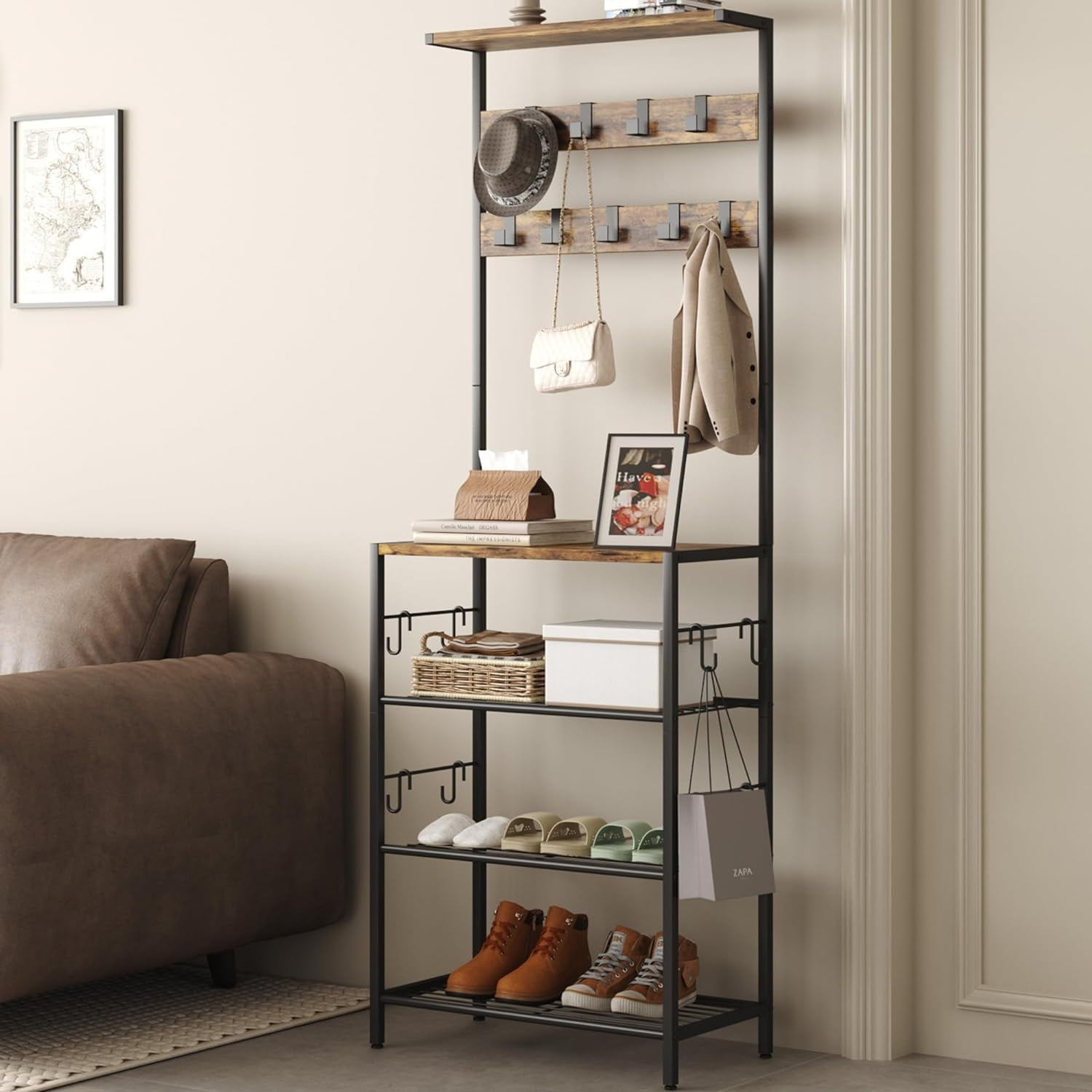 Coat Rack with Shoe Storage, 5-Tier Shoe and Coat Rack with 9 Clothes ...