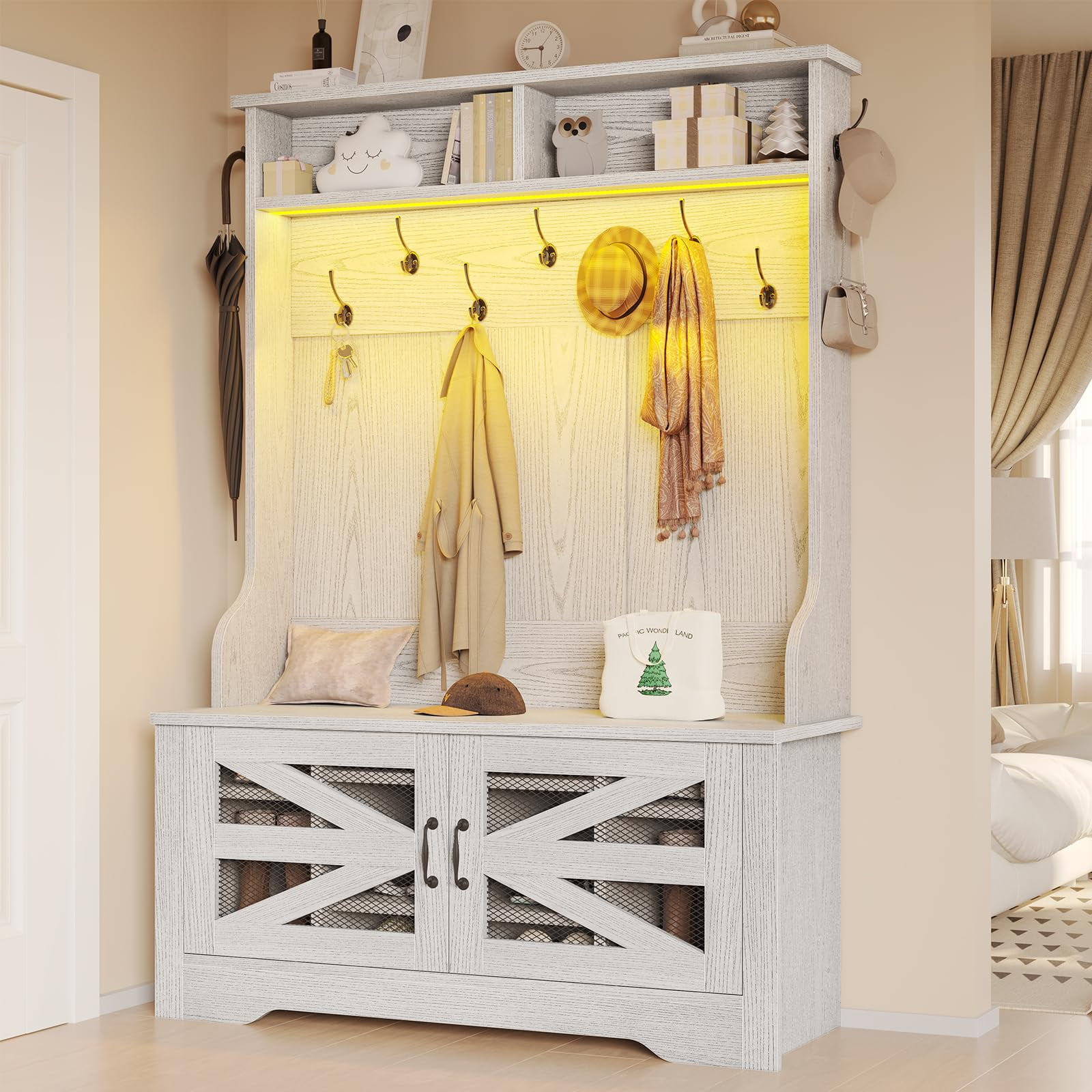 Modern White 5 In 1 Entryway Bench Coat Rack Storage For Shoes And Hall