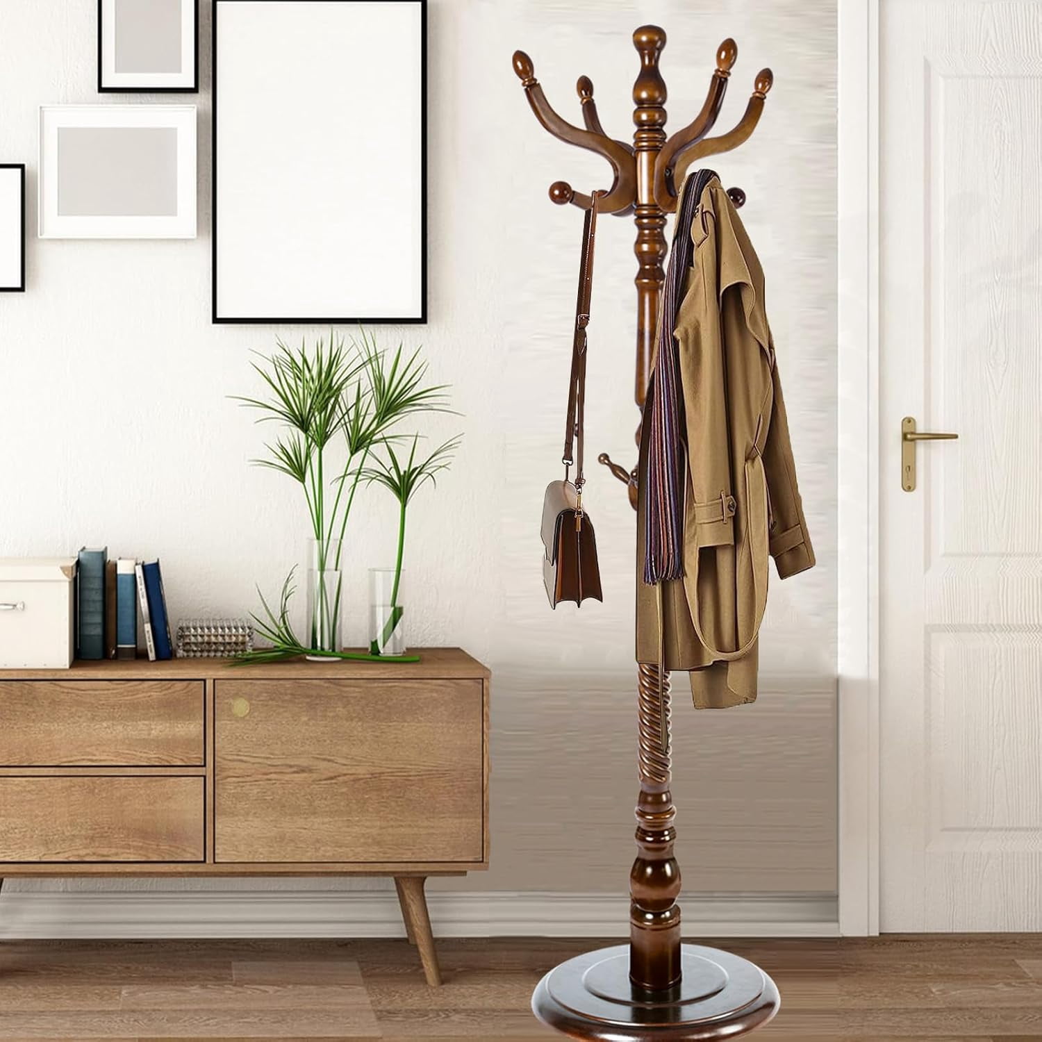 Coat Racks Free Standing with 11 Hooks, Natural Wood Coat Stands for ...