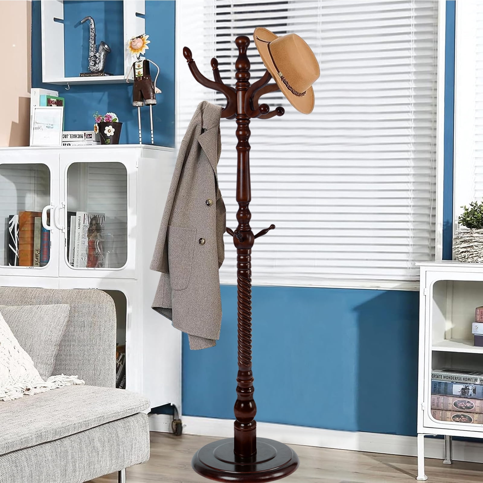 Coat Racks Free Standing with 14 Hooks, Natural Wood Coat Stands for ...