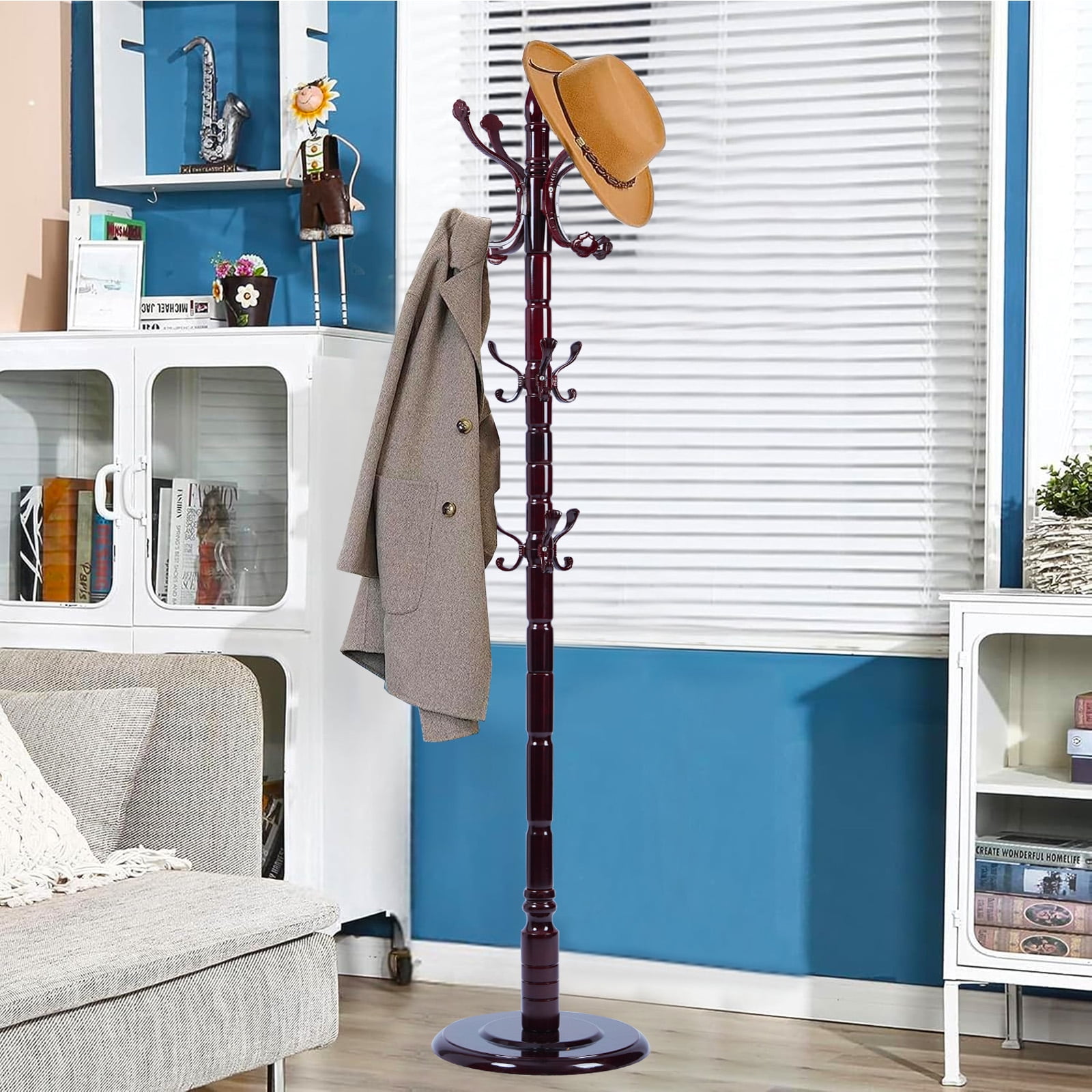 Coat Racks Free Standing with 14 Hooks, Natural Wood Coat Stands for ...