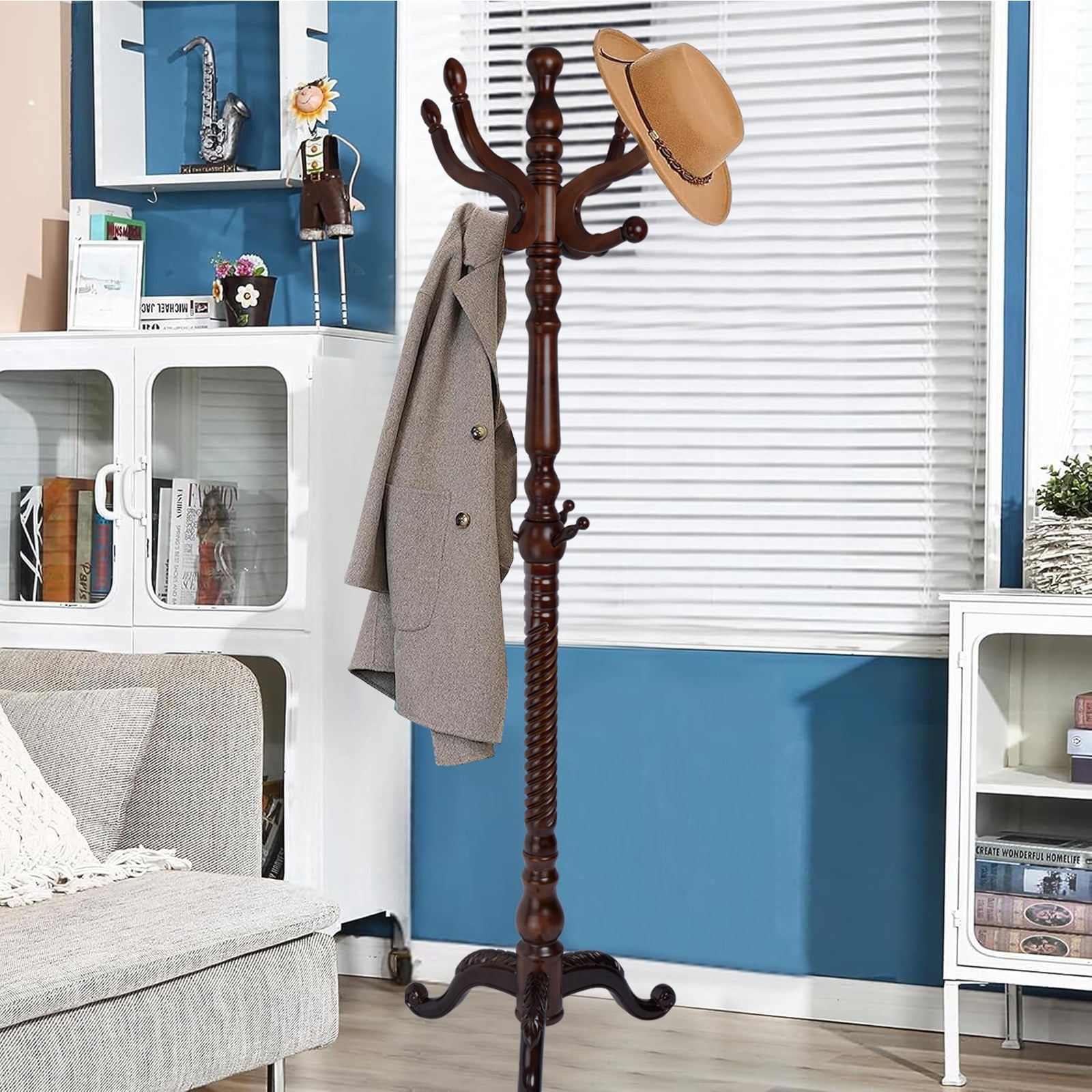 Coat Racks Free Standing with 14 Hooks, Natural Wood Coat Stands for ...