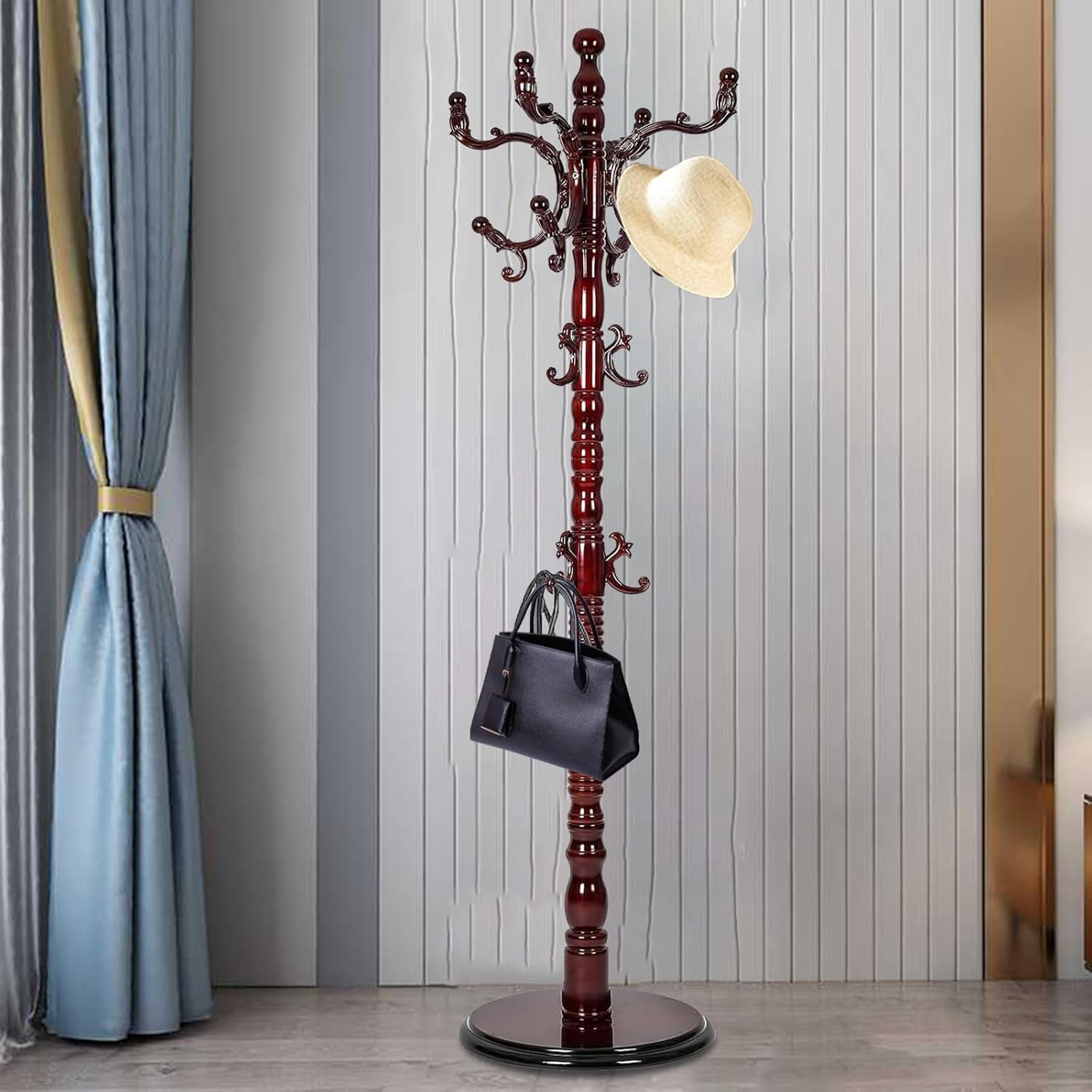 Coat Racks Free Standing with 14 Hooks, Natural Wood Coat Stands for ...