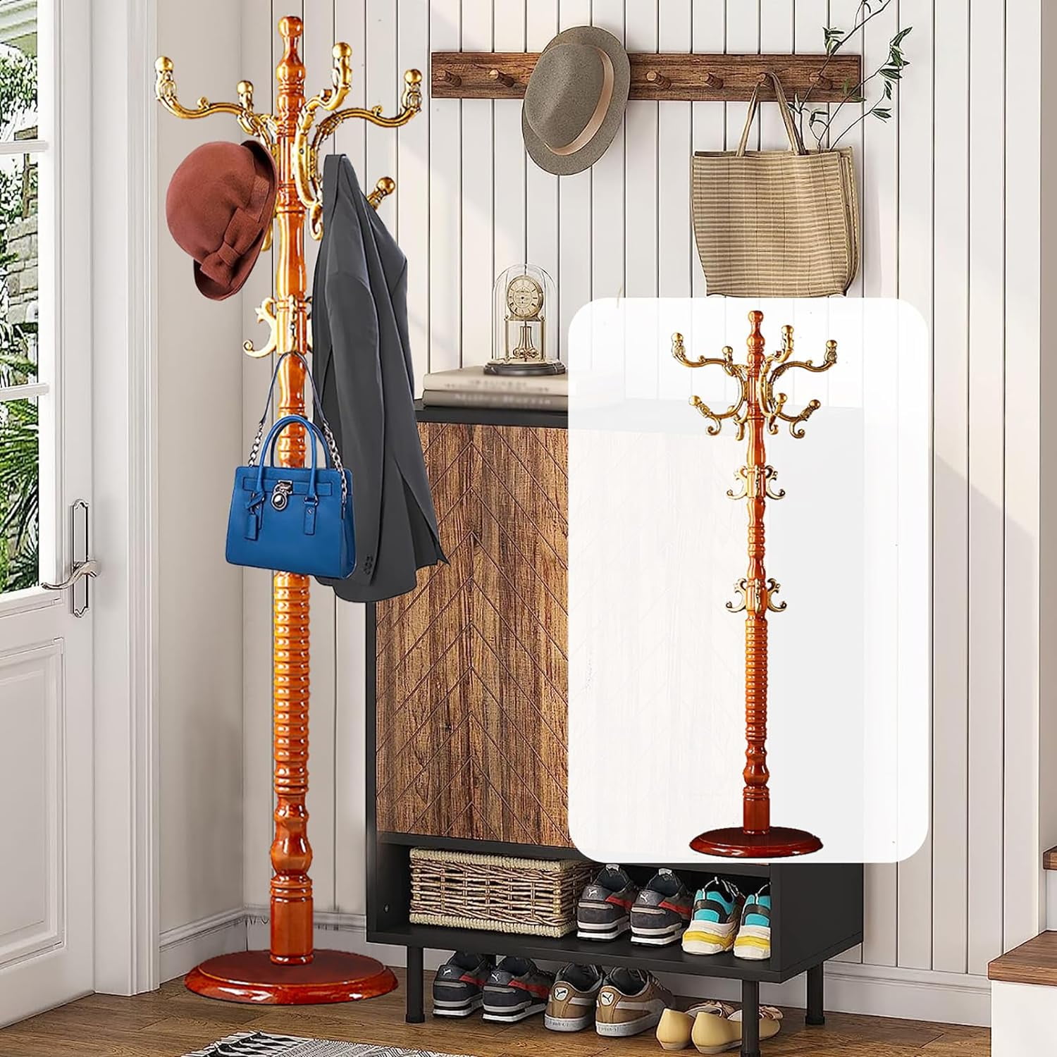 Coat Racks Free standing, Natural Wood Coat Rack Stand With 14 Hooks ...