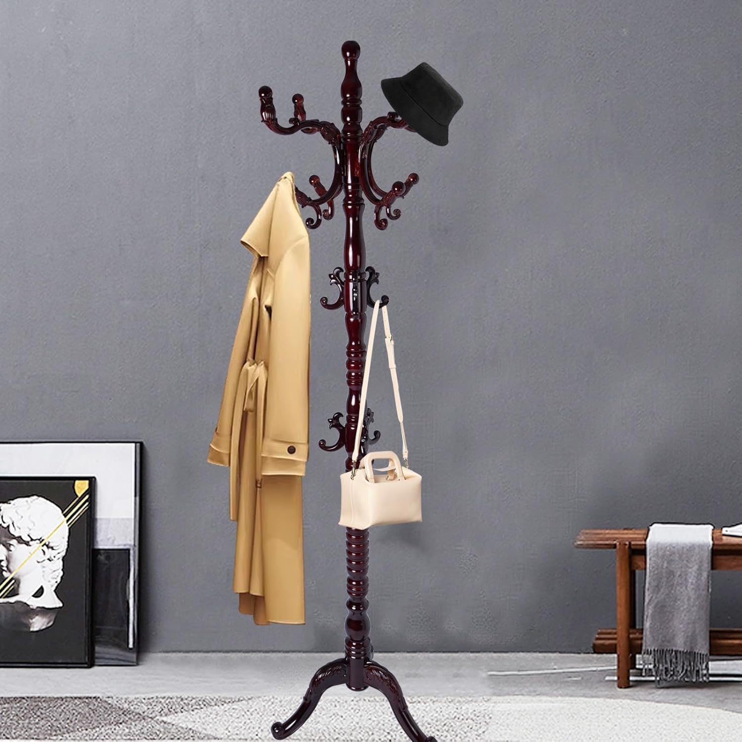 Coat Racks FreeStanding with 14 Hooks, Natural Wood Coat Rack with ...