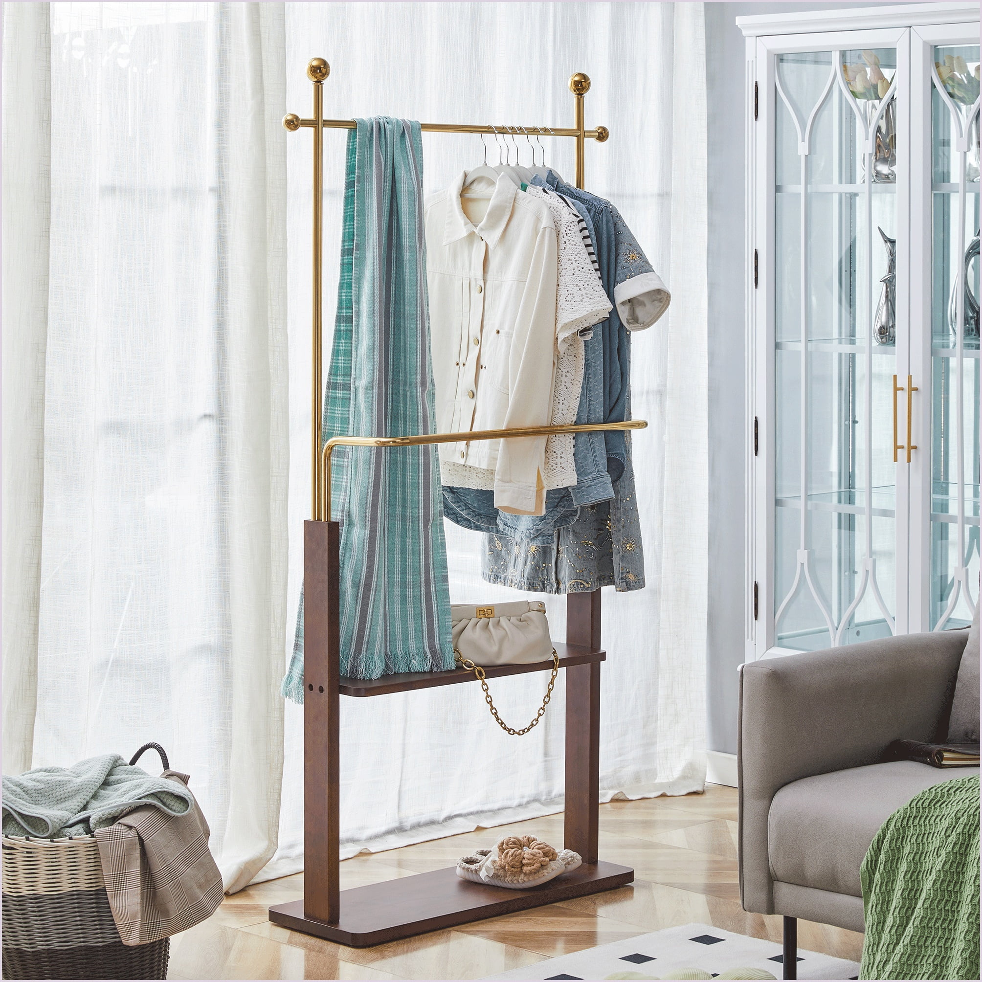 Coat Racks Modern Double-Layer with Storage, 68.9” High Golden ...