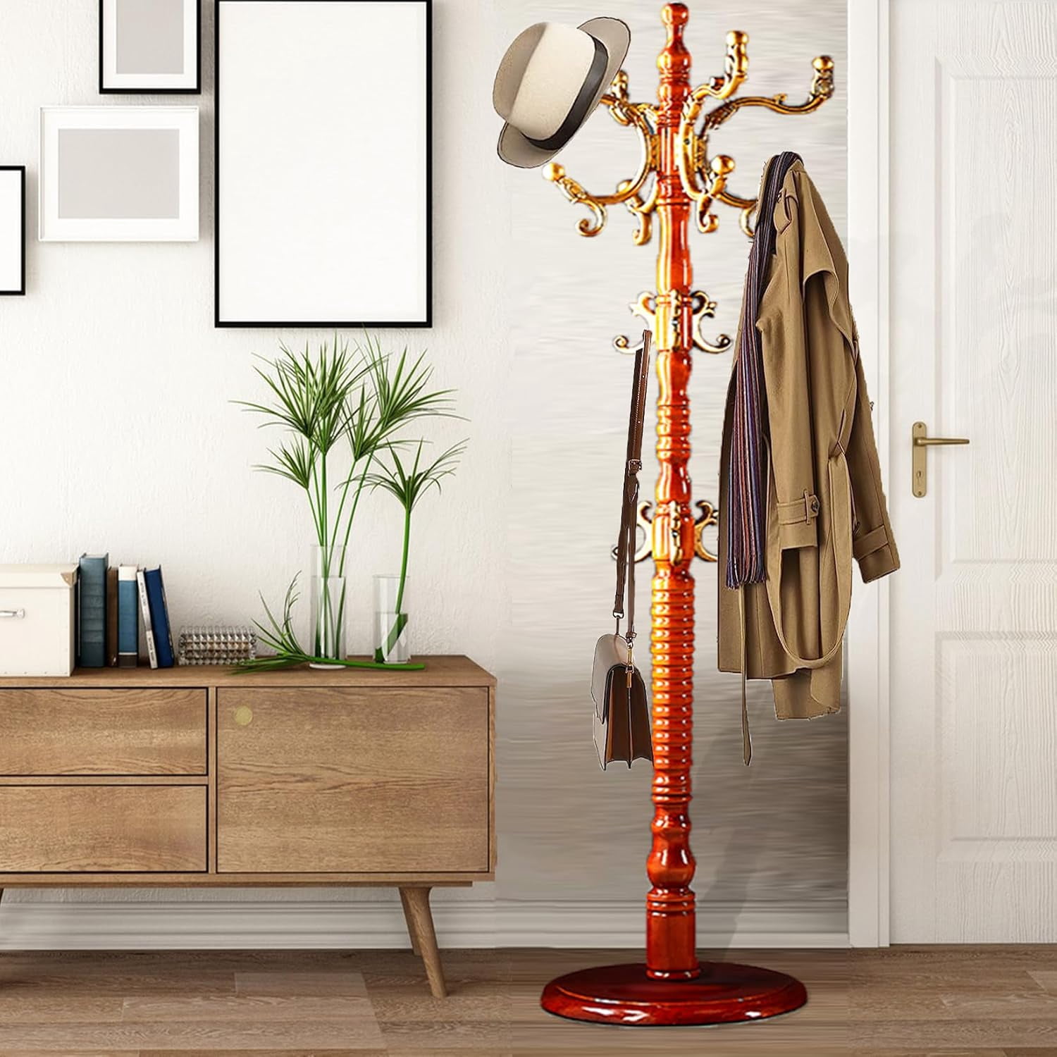 Coat Racks Standing with 14 Hooks Natural Wood Coat Stands for Entryway ...