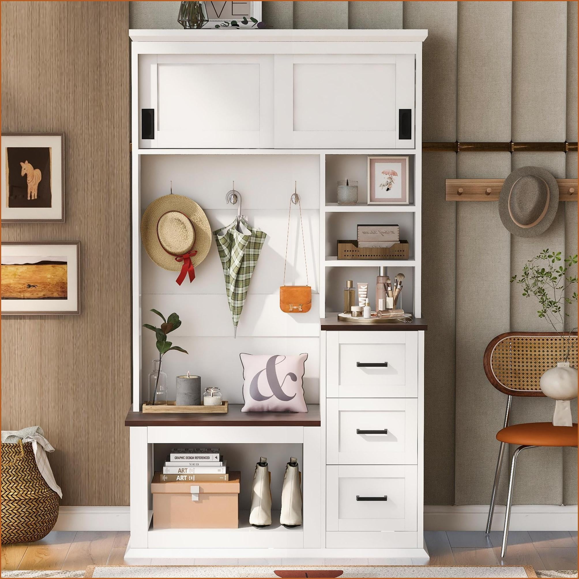 Coat Racks with Storage Bench, Modern 40.2'' Hall Tree Shelves Drawers ...