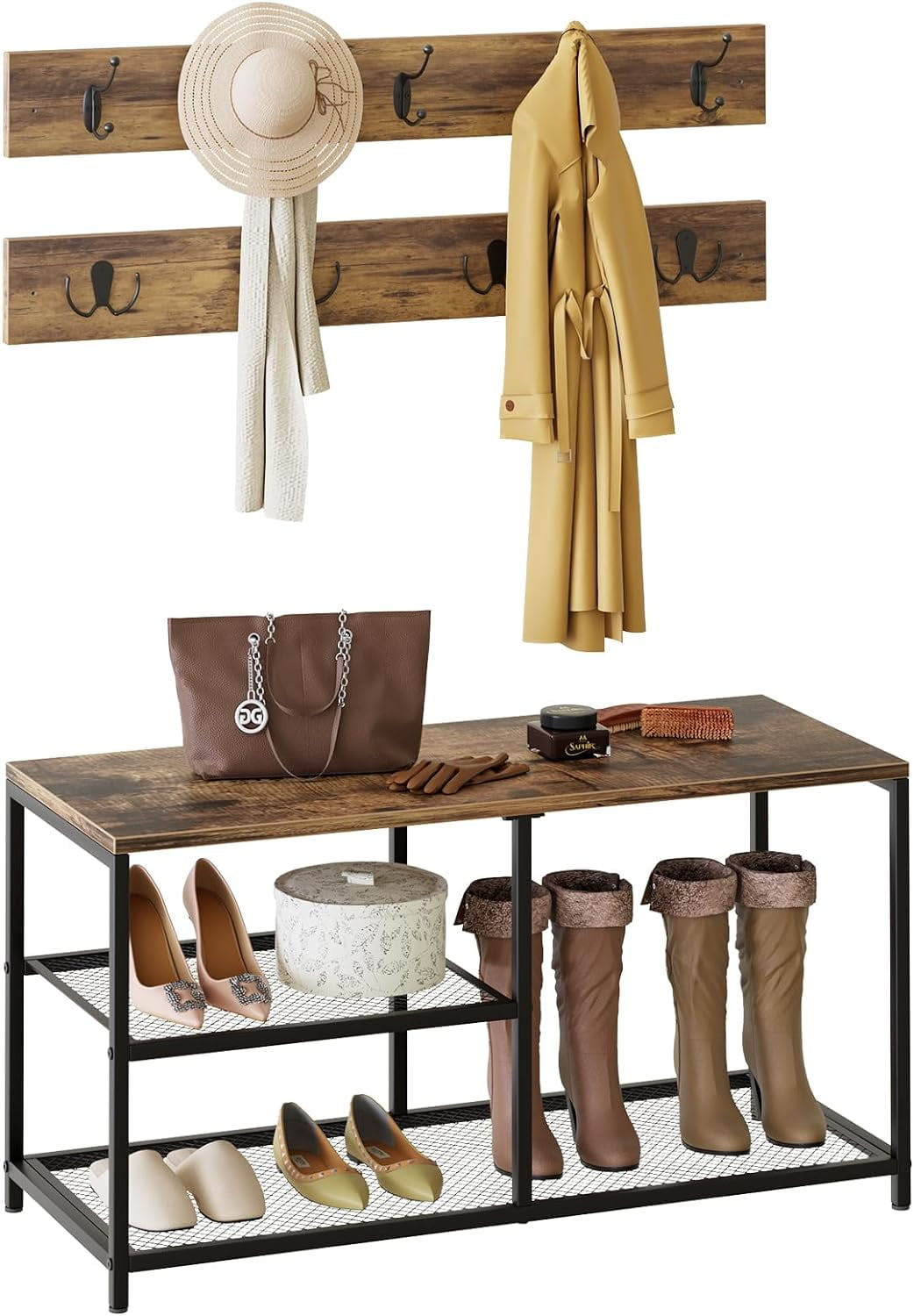 Coat Shoe Rack Bench Set, Hall Tree Entryway Storage Bench with Boot ...