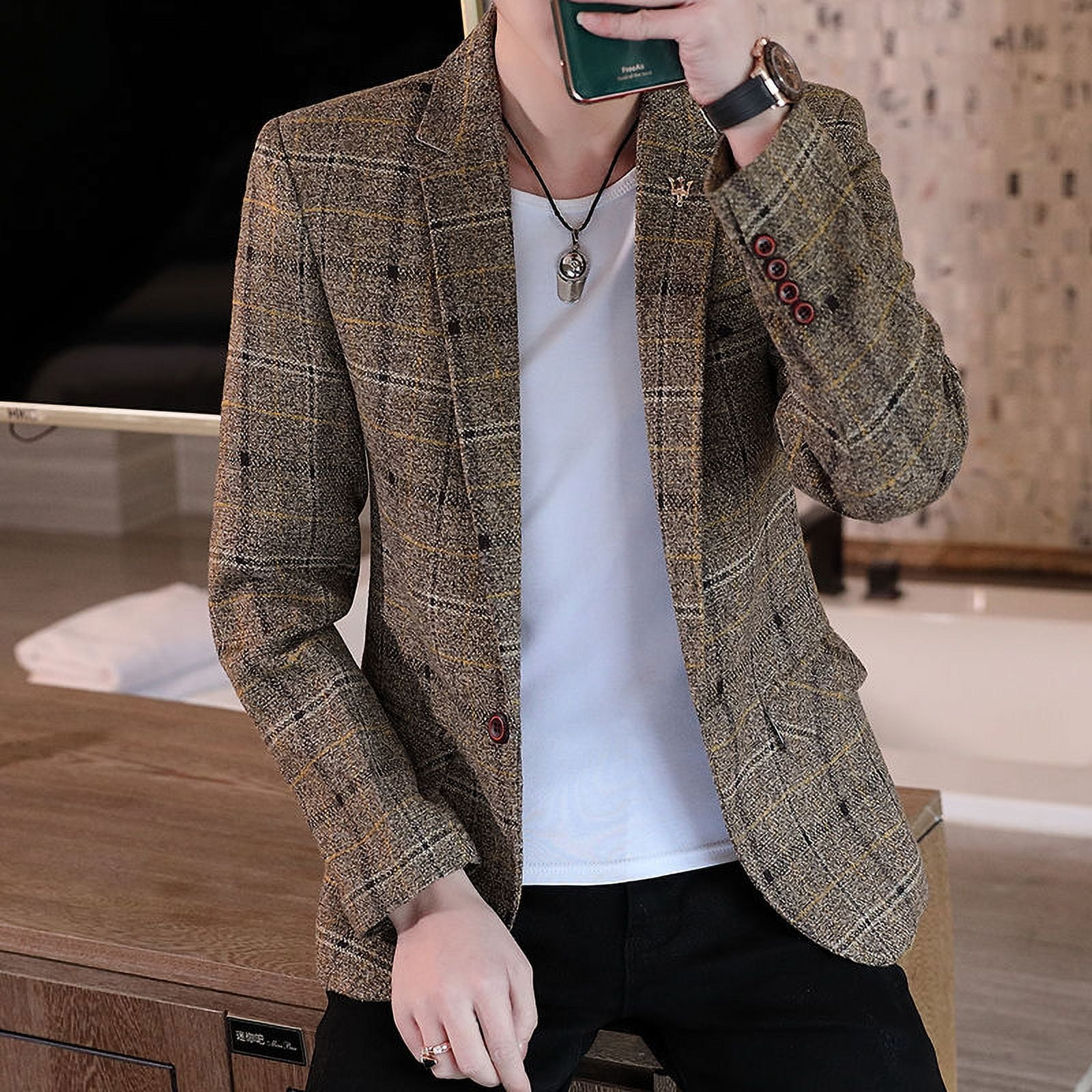 Coat Striped Plaid Thin Blue Male Blazer Slim Fit Fashion 2024 High ...