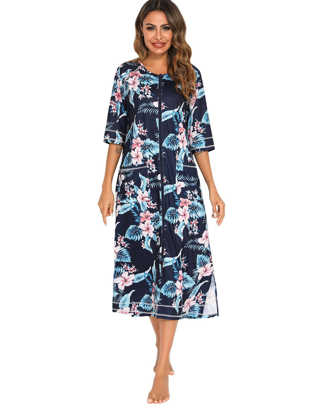 Coat Women's Zipper Front Robes Half Sleeve Bathrobe Full Length Soft ...