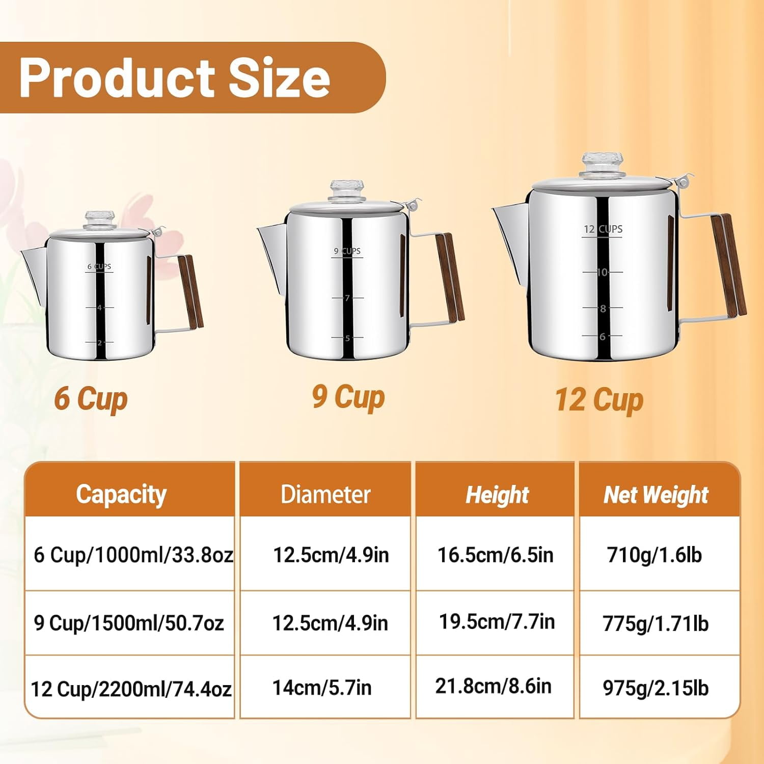 No Coating 12 Cup Percolator Coffee Pot 304 Stainless Steel Moka Pot ...