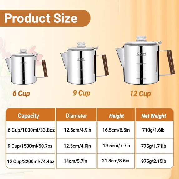 No Coating 12 Cup Percolator Coffee Pot 304 Stainless Steel Moka Pot ...