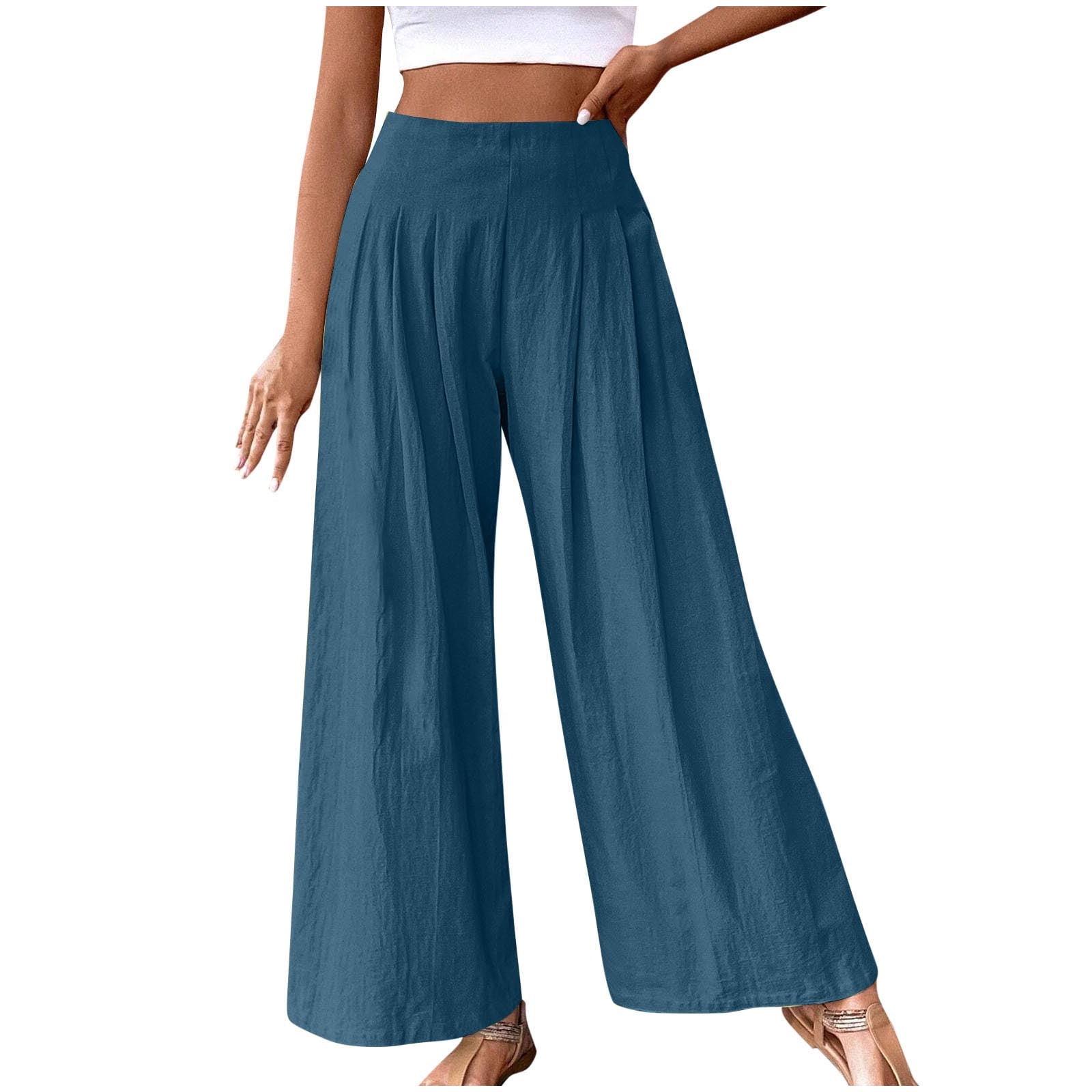Wo-Fusoul Women's Solid Color Loose Fit Linen-Look Wide-Leg Pants High ...