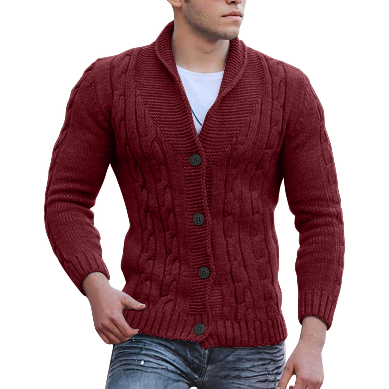 Coats Wool for Men Long Mens Cable Knit Cardigan Sweater Shawl Collar ...