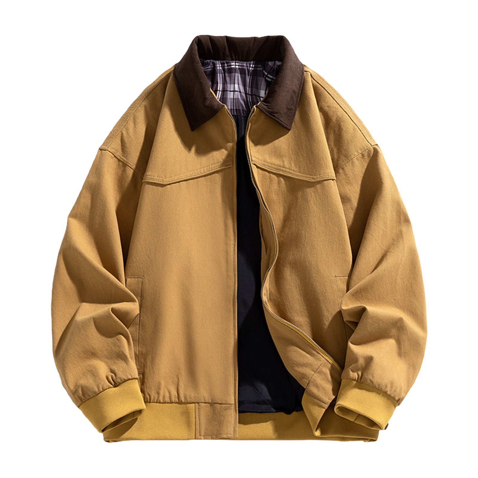 Coats for Men,Mens Tops Long Sleeve Pocket Zipper Lapel Collar Solid Color Outdoor Jackets Khaki ...