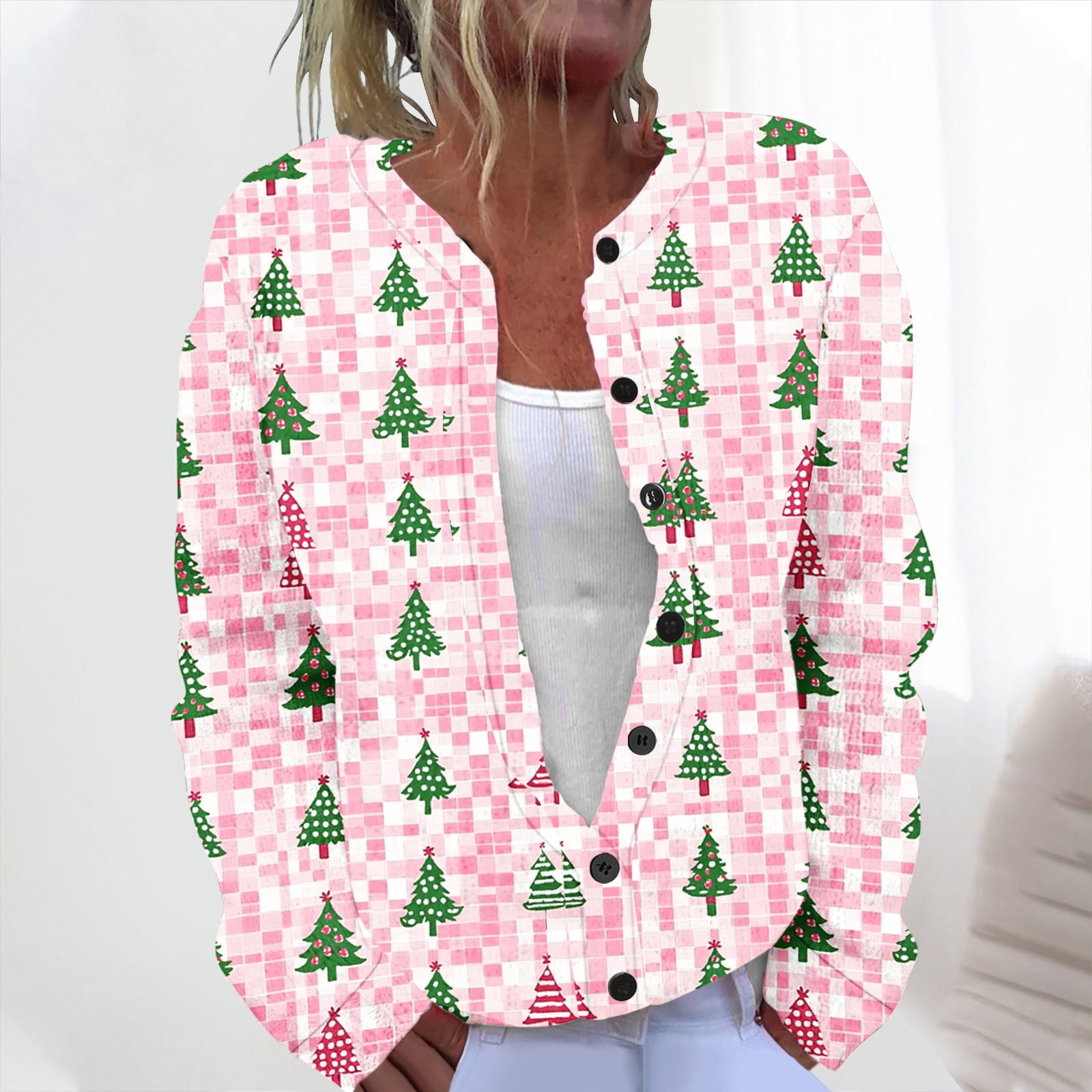 Coats for Women Christmas Print Long Sleeve Cardigan Button Up Casual ...