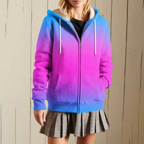 Coats for Women Hooded Zip Up Jacket Print Drawstring Pockets Oversized ...