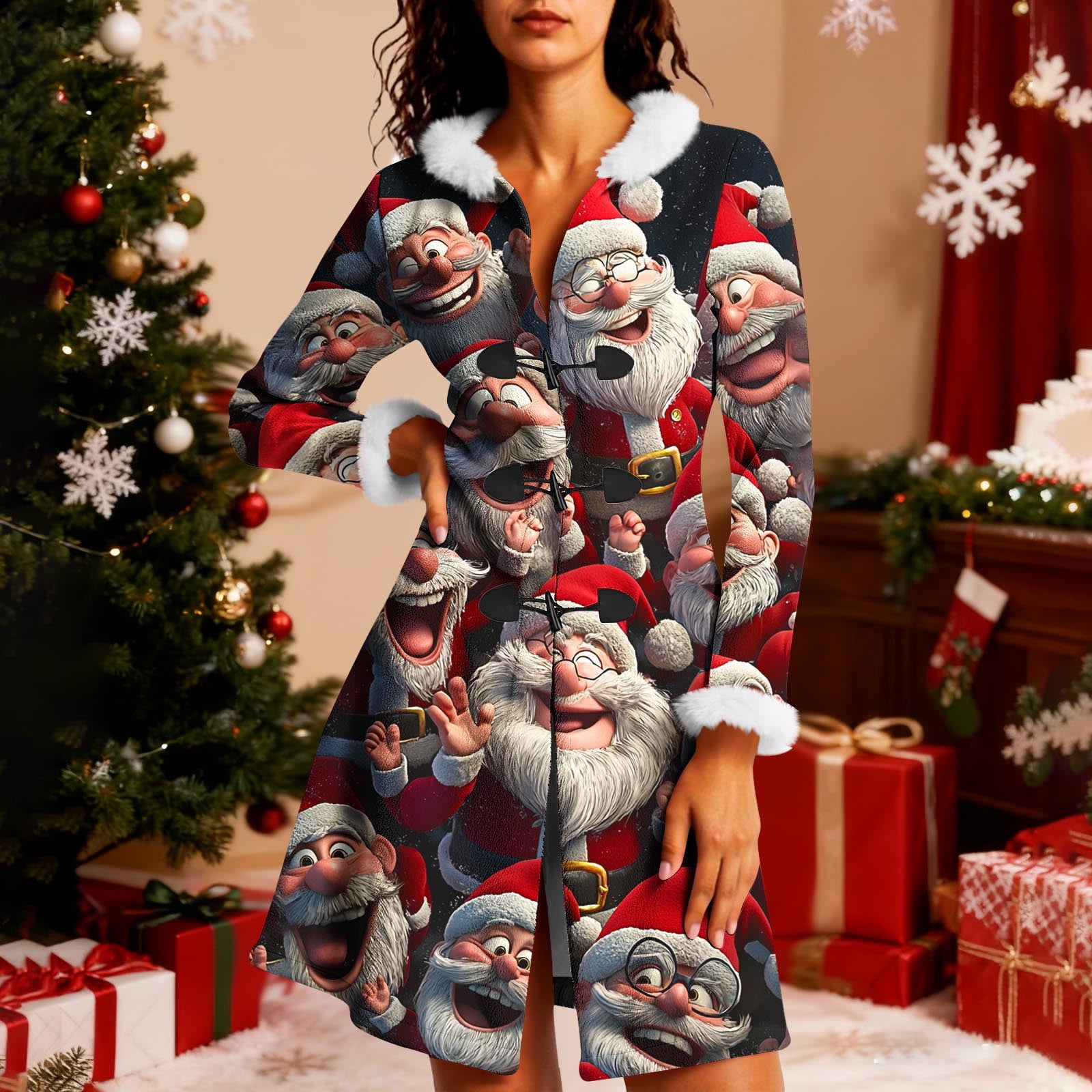 Coats for Women Long Sleeve Hooded Christmas Color Button Loose Casual ...