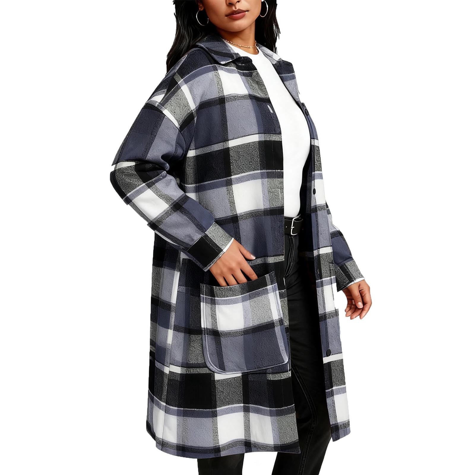 Coats for Women Spring Fall Classic Grid Coat Lapel Collar Open Front ...