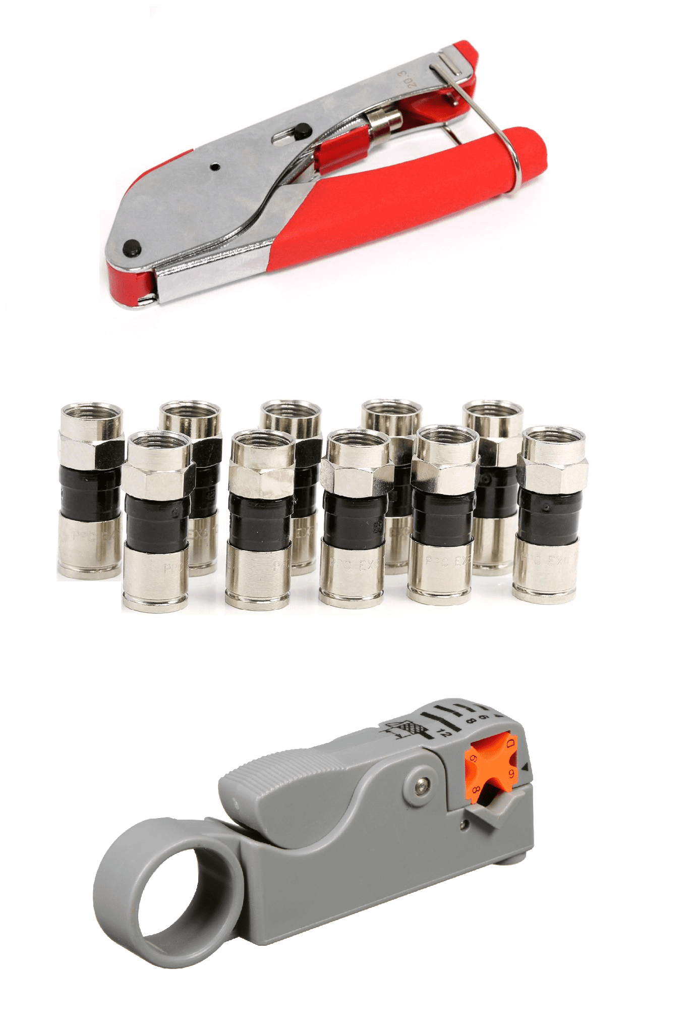 Coax Cable Crimper Stripper RG6 RG59 Wire Tool Kit & 10 Compression ...