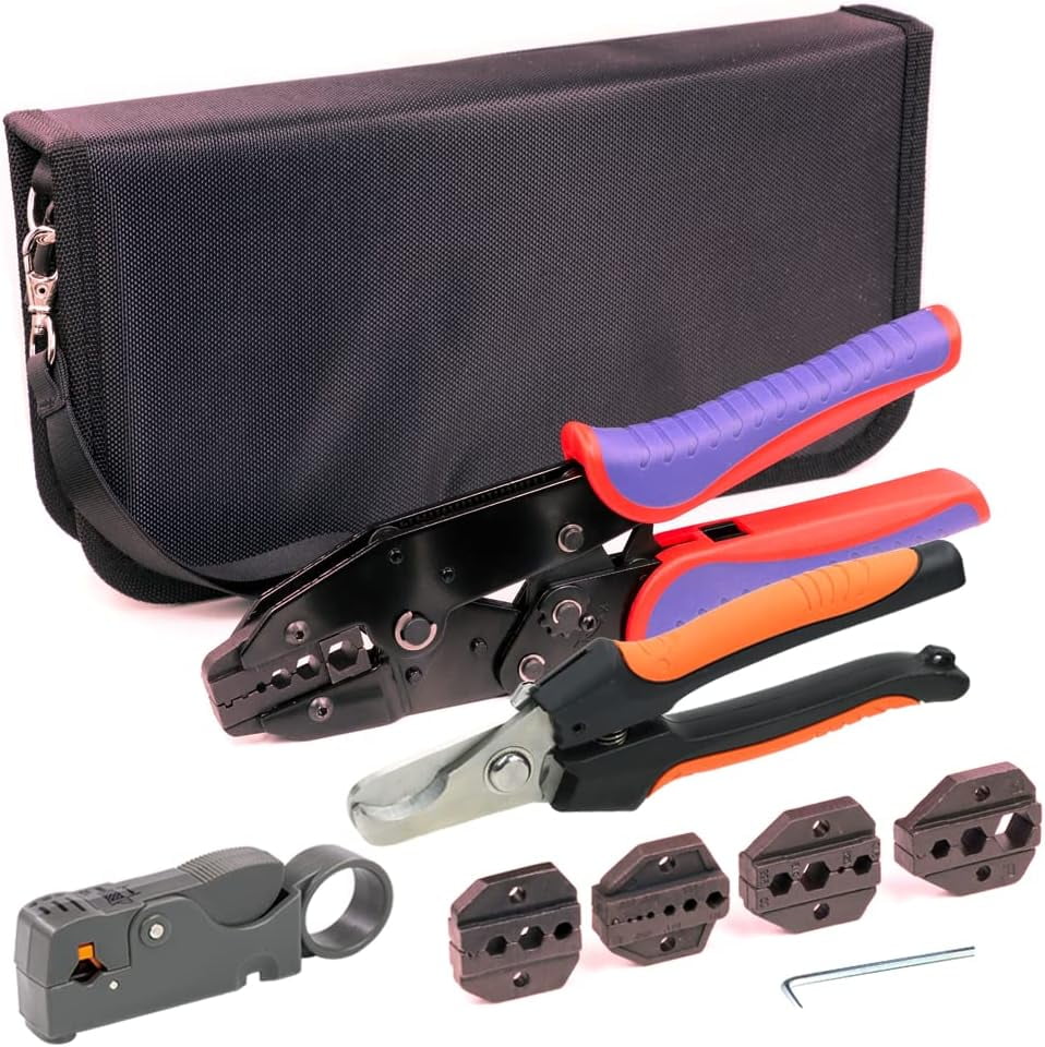 Coax Ratchet Crimping Tool Kit for Coaxial RG Cable RF Connector with 5 ...