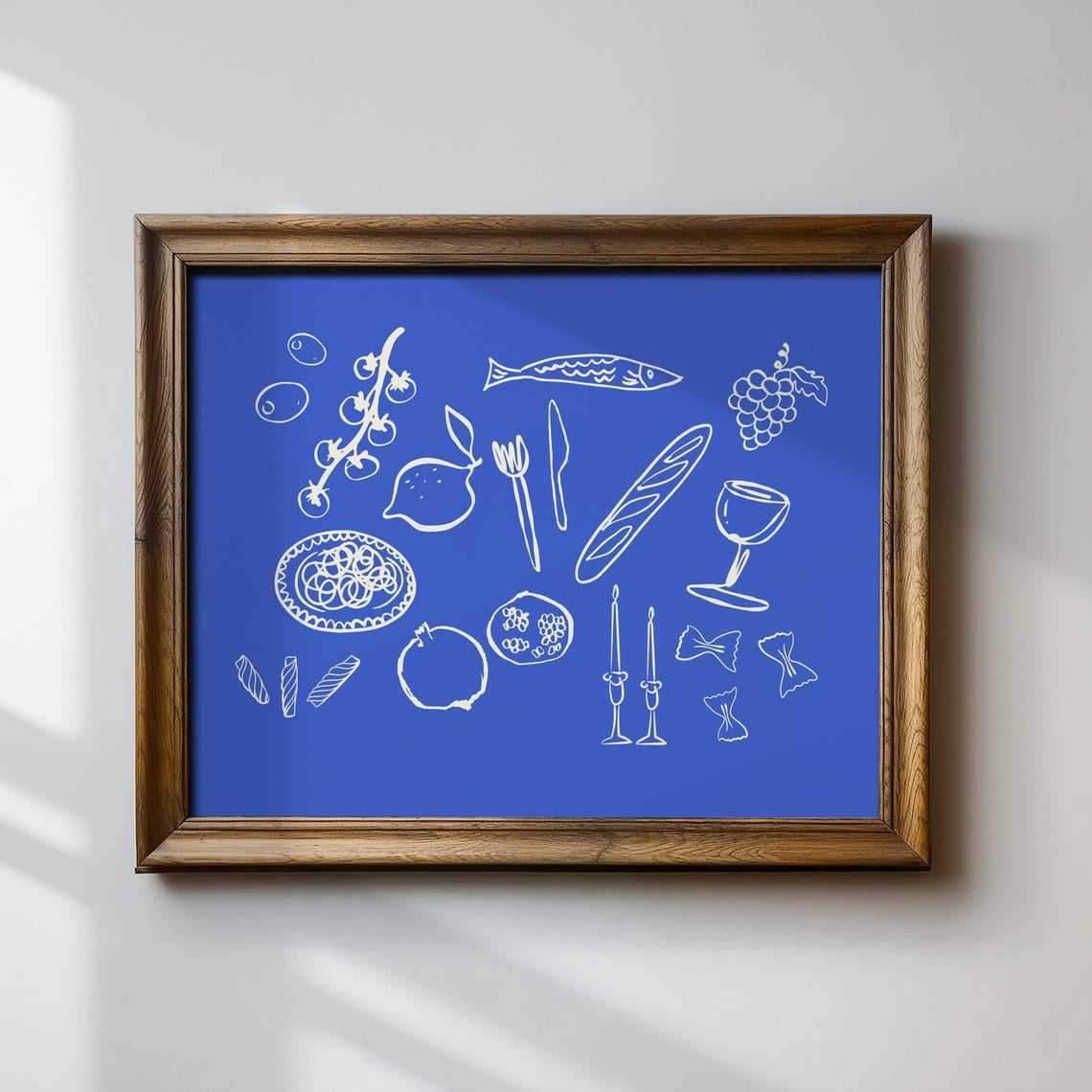 Cobalt Blue Italian Dinner Horizontal Doodle Line Illustration Print ...