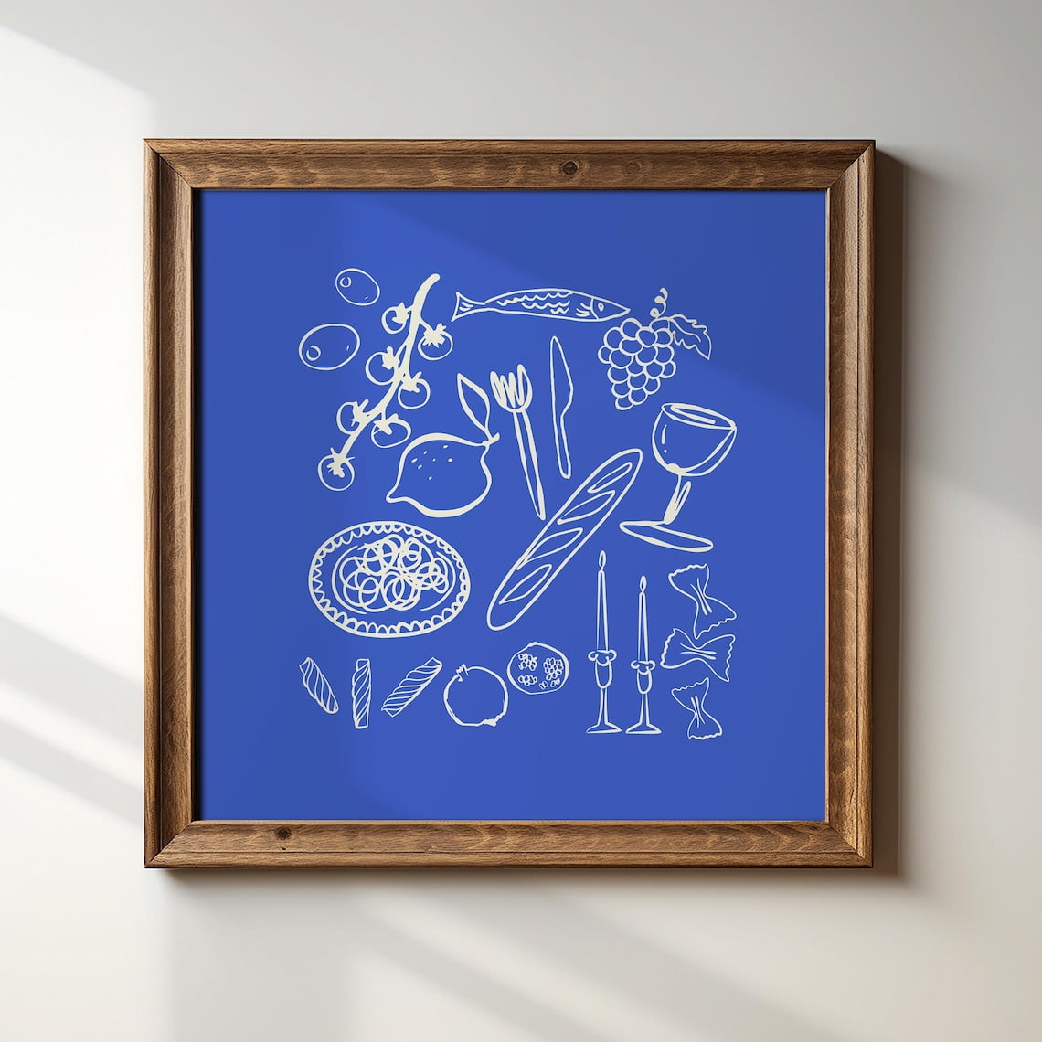 Cobalt Blue Italian Dinner Square Doodle Line Illustration Print, Art ...