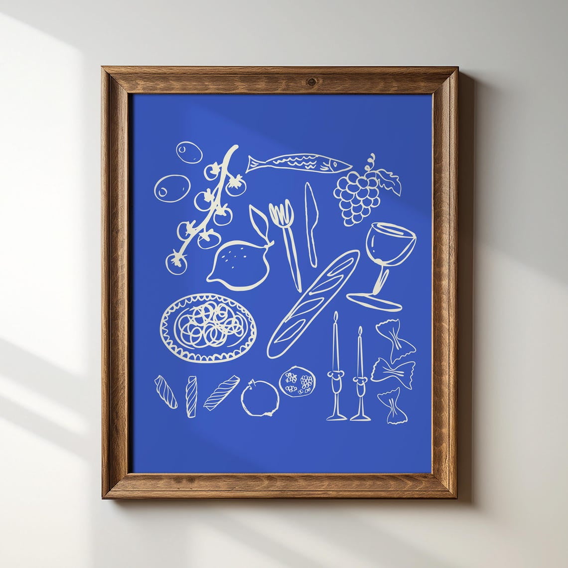Cobalt Blue Italian Dinner Vertical Doodle Line Illustration Print, Art ...
