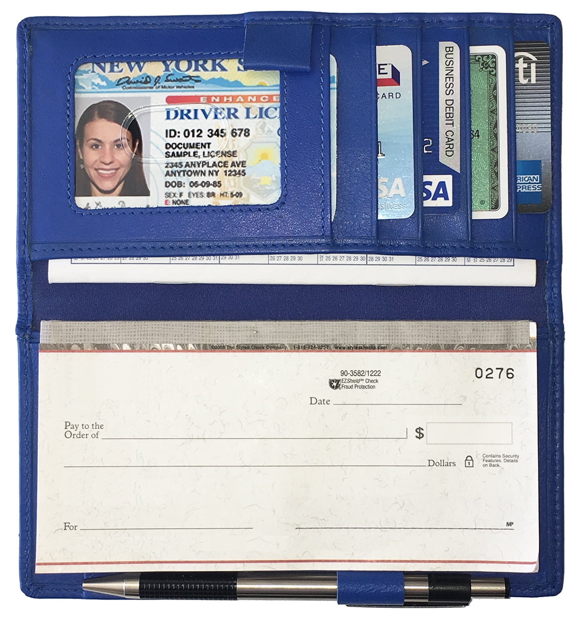 Cobalt Blue RFID Leather Checkbook Cover With Credit Card Slots and Pen ...