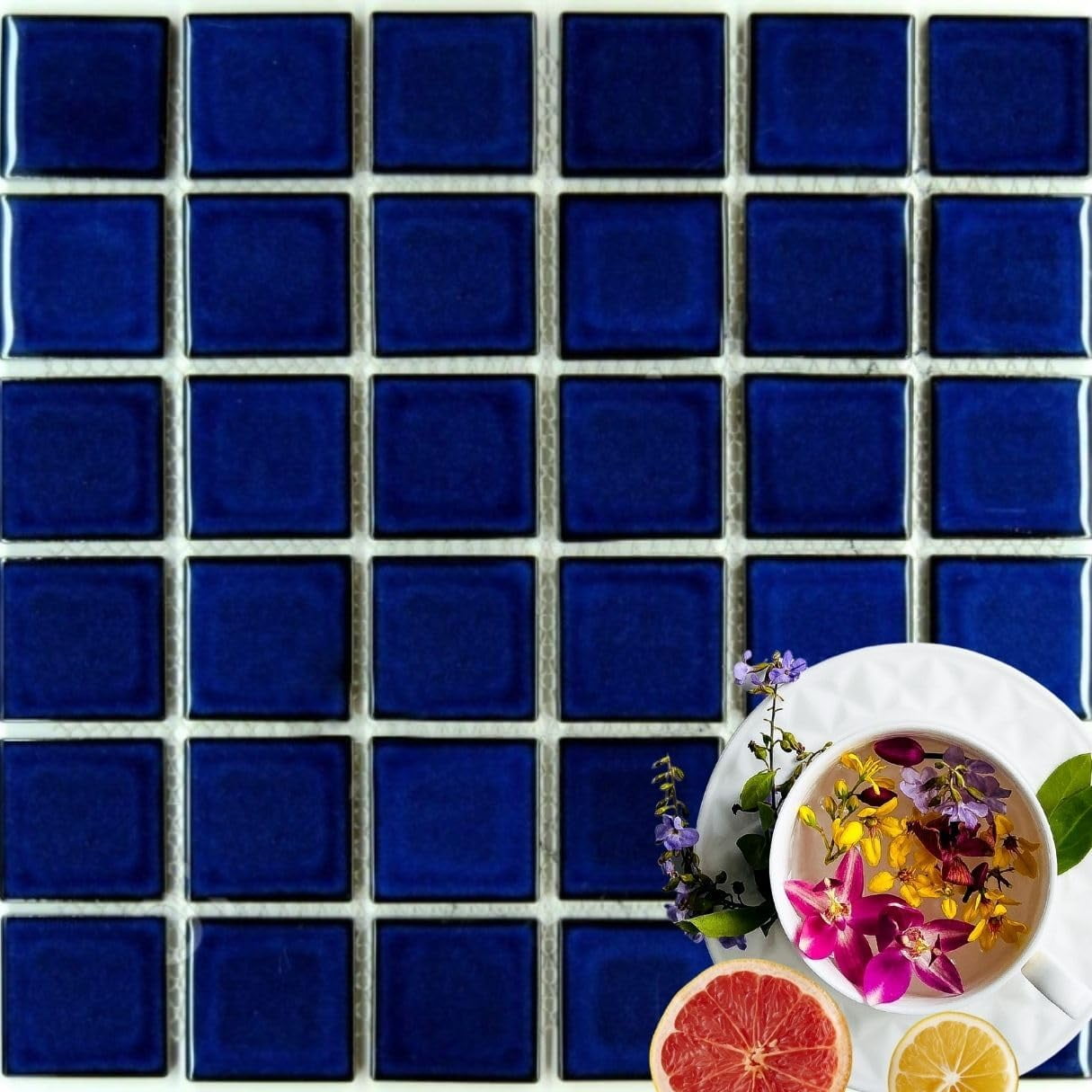 Cobalt Blue Square Pattern Porcelain Mosaic Tile (Not Peel and Stick ...